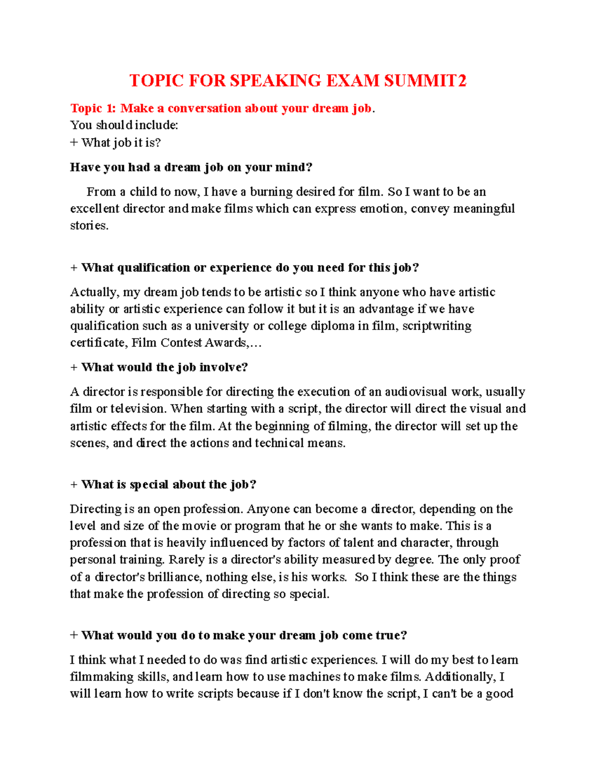 Topic FOR Speaking EXAM Summit 2 - TOPIC FOR SPEAKING EXAM SUMMIT Topic ...