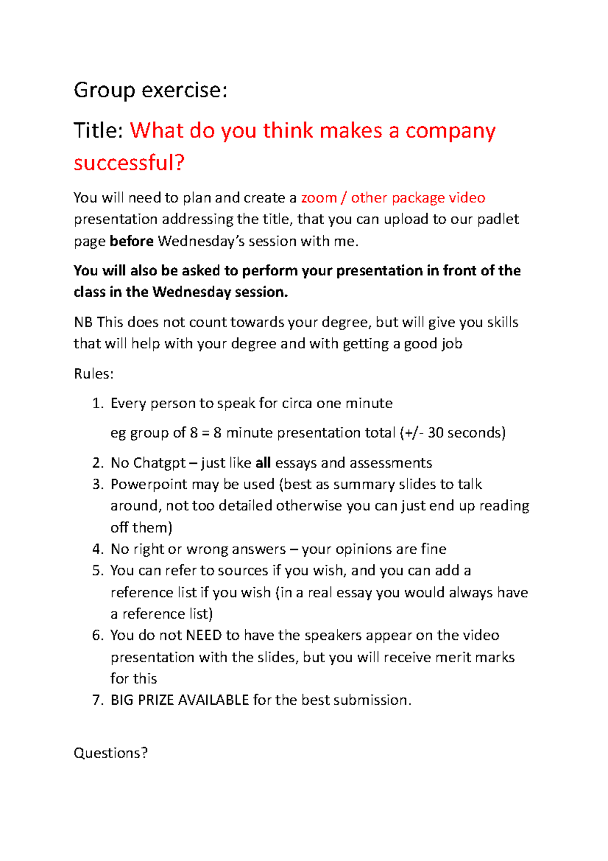 Group exercise - hhnjtyhty - Group exercise: Title: What do you think ...