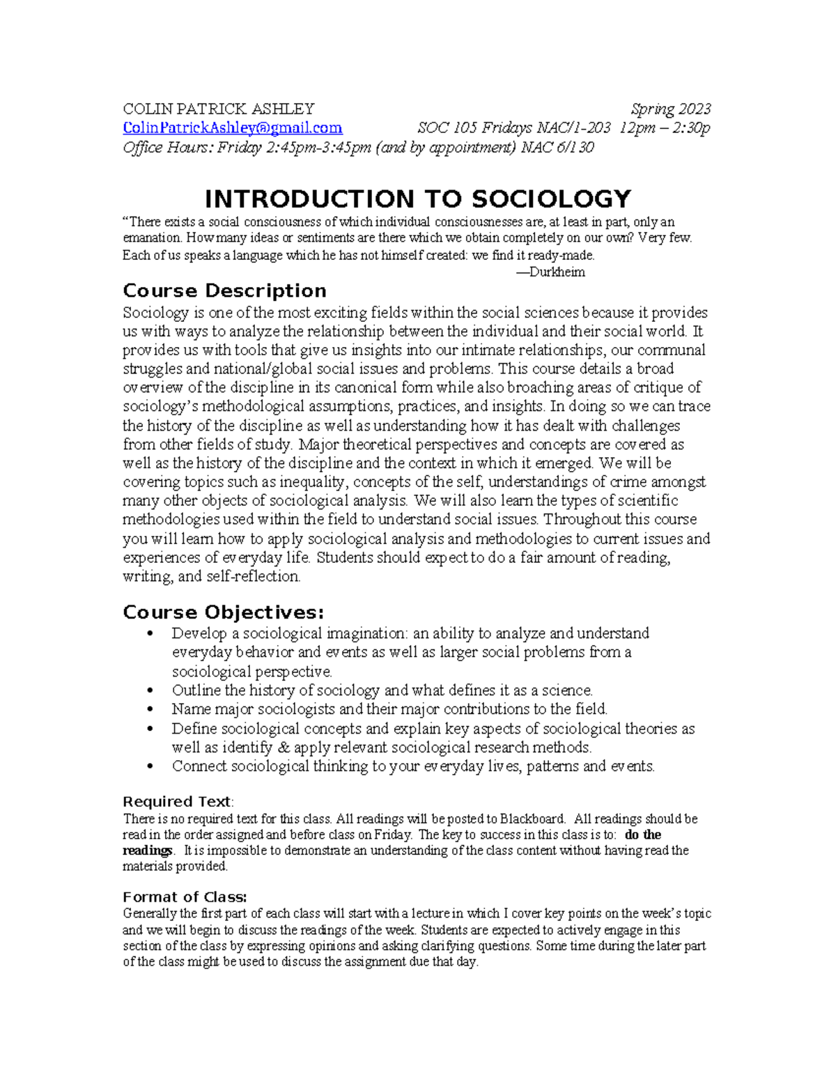 Syllabus-Intro to Soc Spring 2023 City College - COLIN PATRICK ASHLEY ...