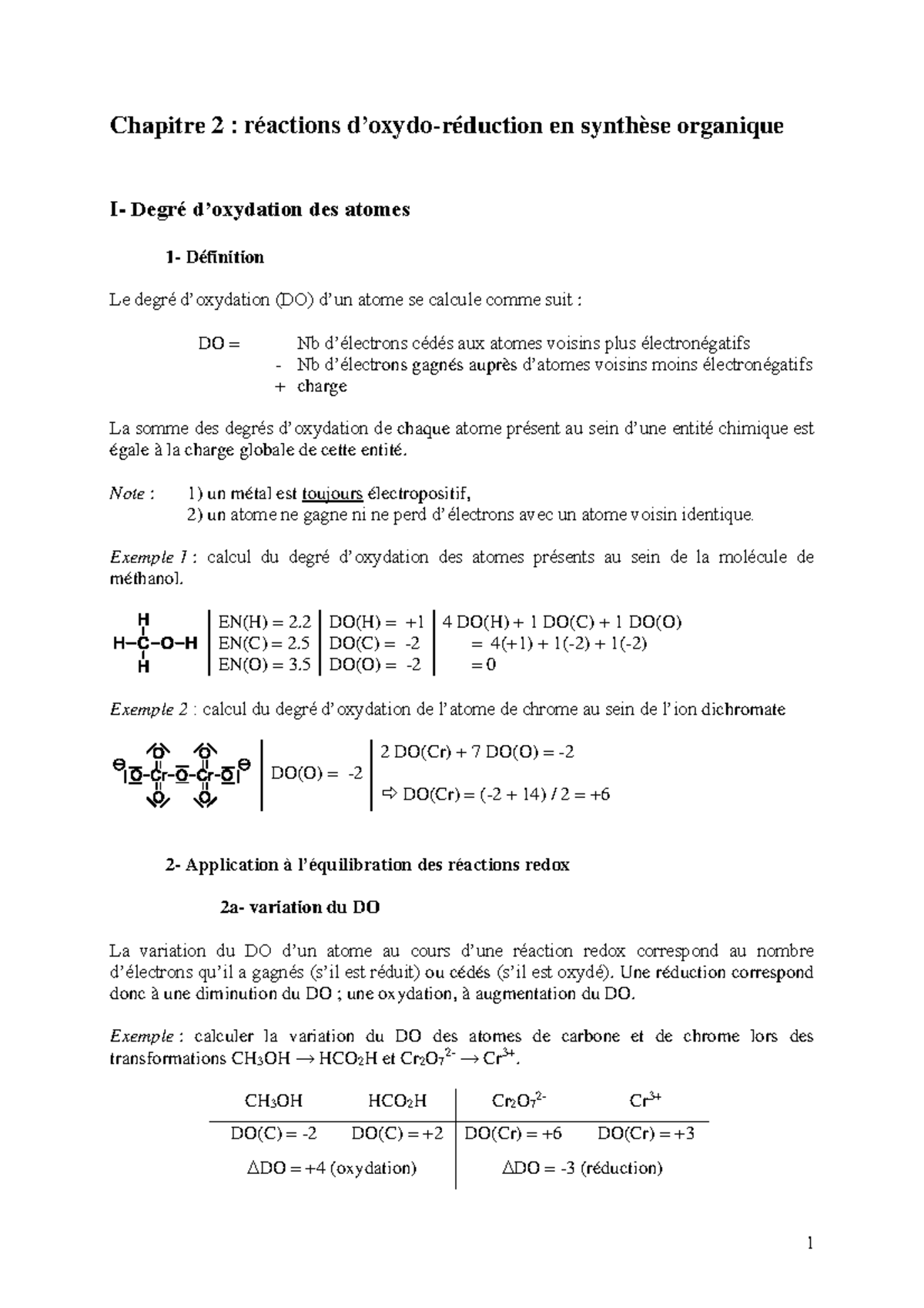 Chapitre 2 (Oxydation-Reduction) - Chapitre 2 : réactions d’oxydo-réduction en synthèse ...