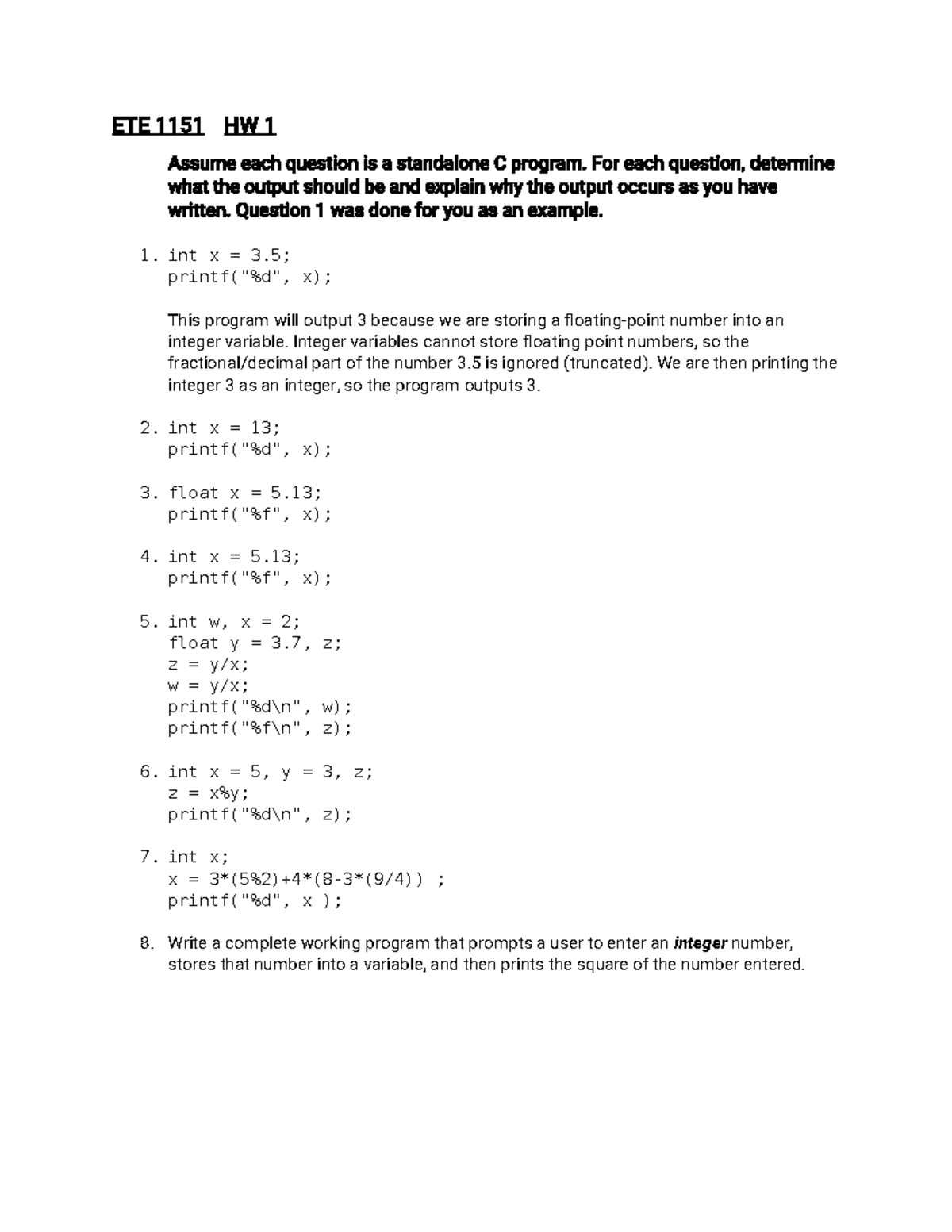 ETE 1151 HW1 F24 - homework 1 - ETE 1151 HW 1 Assume each question is a standalone C program ...