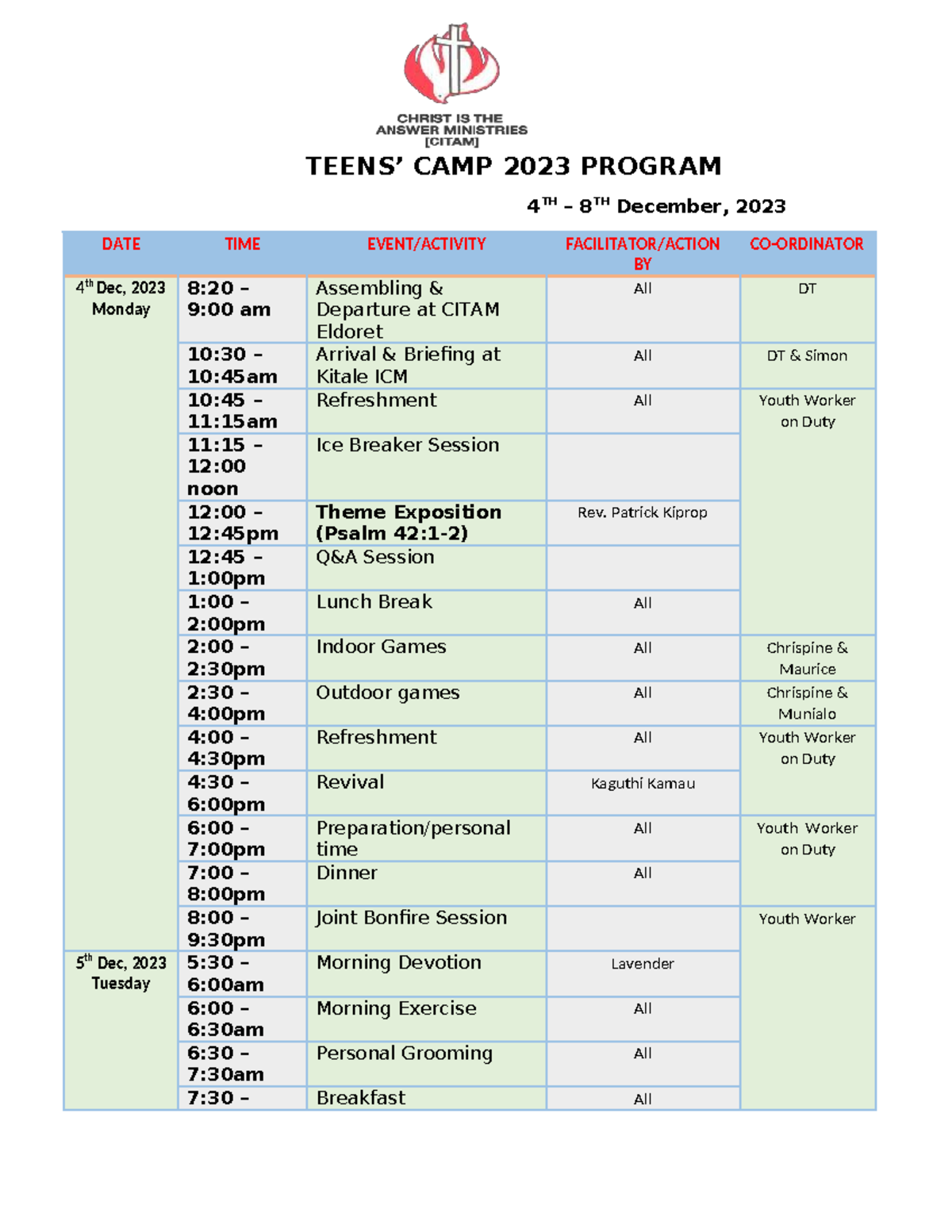 Teens CAMP 2023 Program - TEENS’ CAMP 2023 PROGRAM 4 TH – 8TH December ...