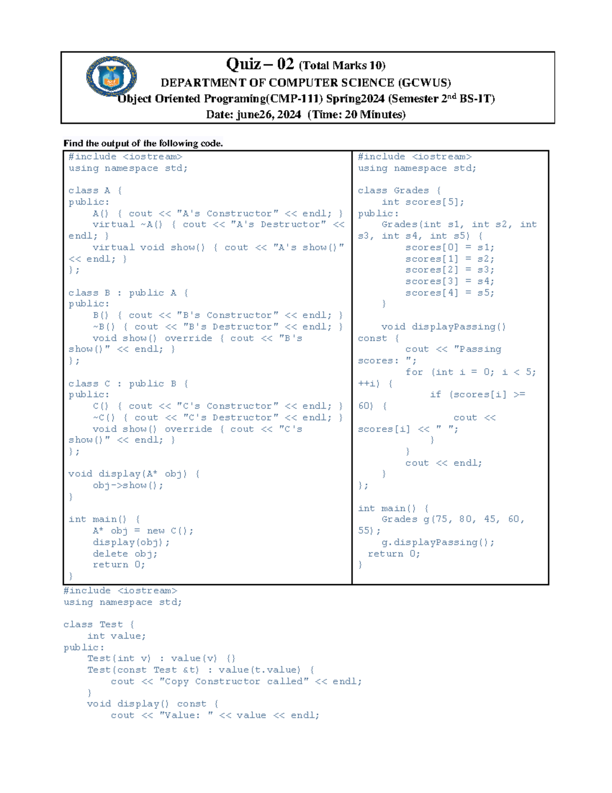 IT Quiz - Solution book required - Quiz – 02 (Total Marks 10) DEPARTMENT OF COMPUTER SCIENCE ...
