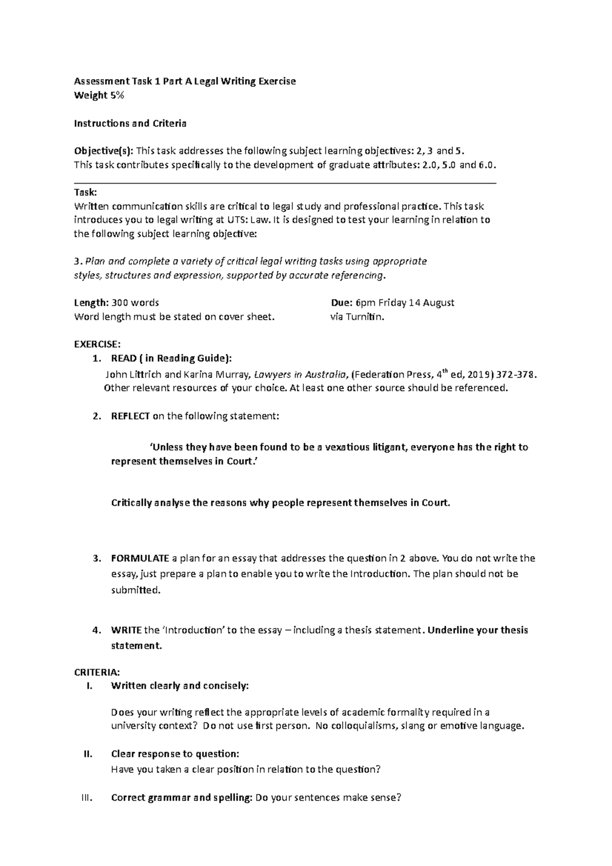 Assessment Task 1 Part A Legal Writing Exercise - Assessment Task 1 ...