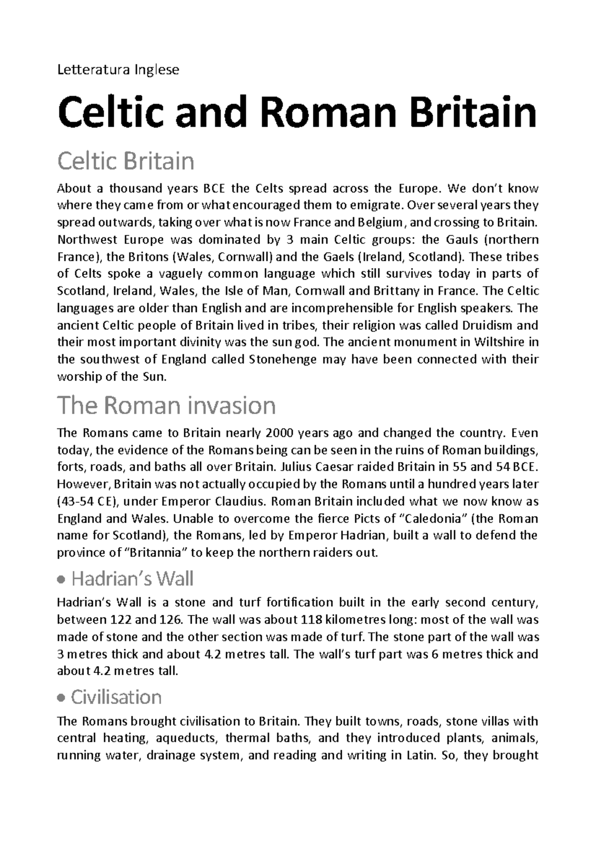 Celtic and Roman Britain 2 - Letteratura Inglese Celtic and Roman ...