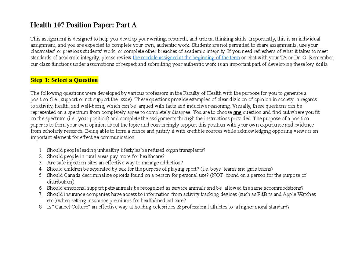 Health 107 - Position Paper Part A - Fall 2023 - Health 107 Position ...