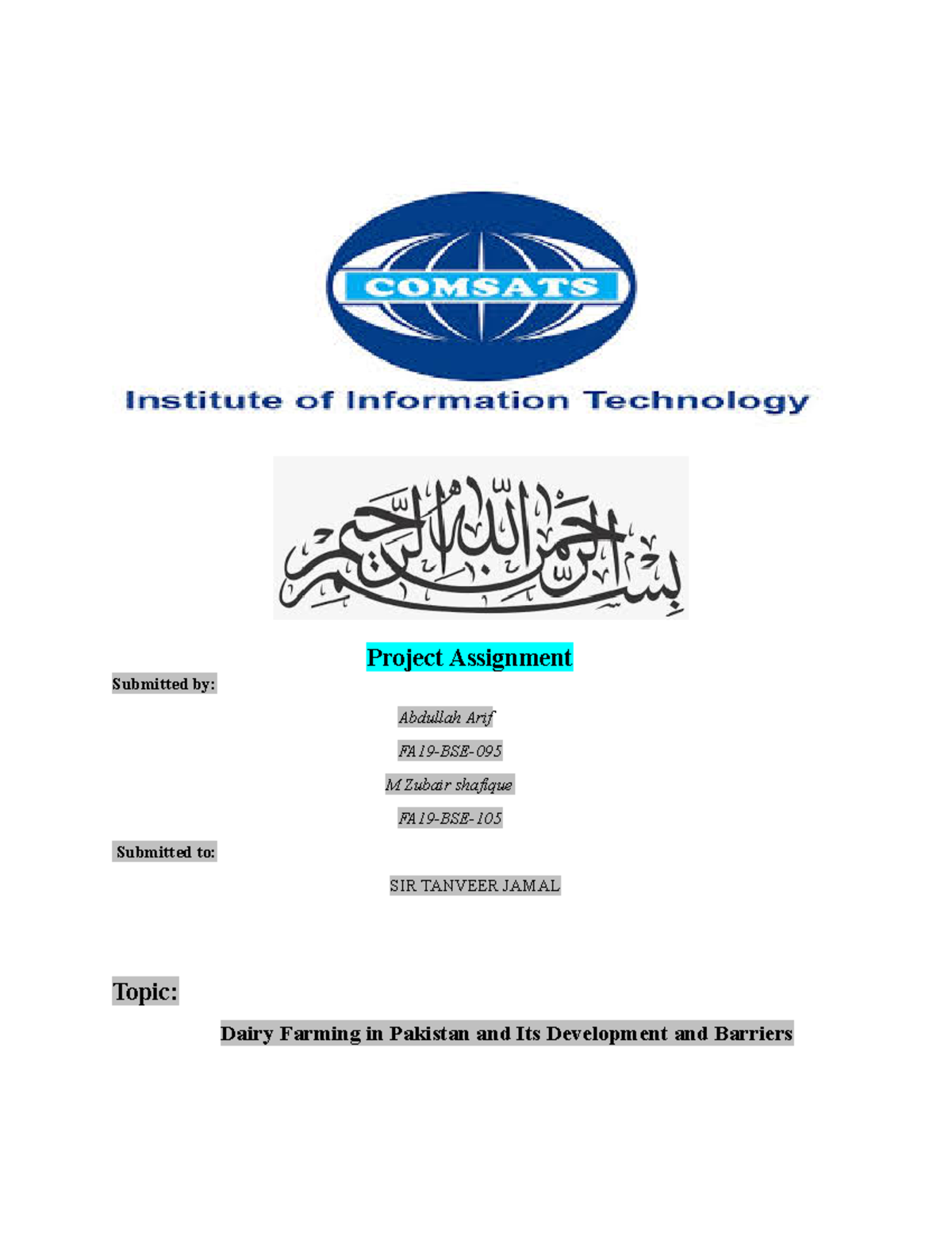 Dairy farming - assignment - Project Assignment Submitted by: Abdullah ...