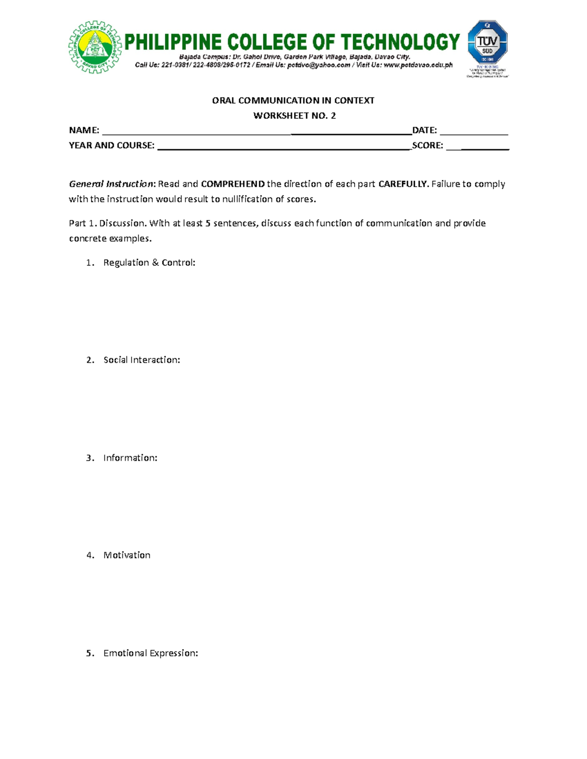 Oral Com Worksheet 2 - ORAL COMMUNICATION IN CONTEXT WORKSHEET NO. 2 ...