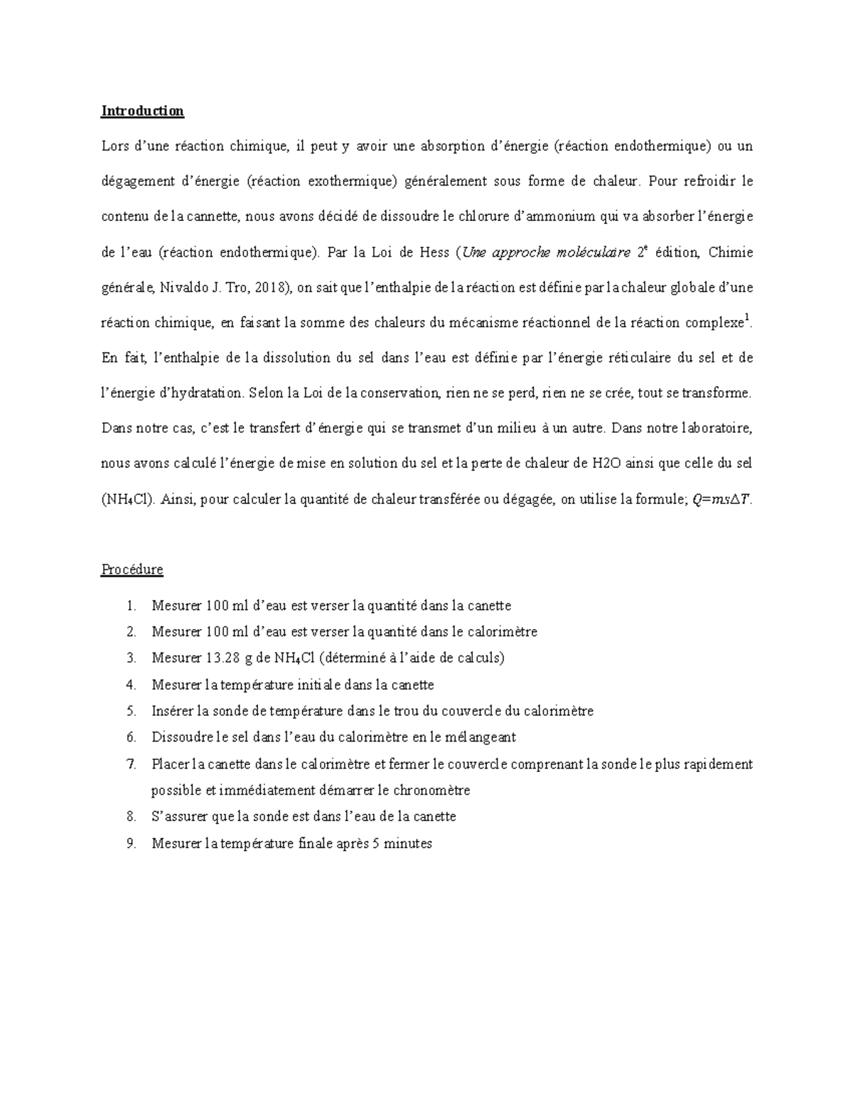 Introduction lab 2 - intro lab 2 A - Introduction Lors d’une réaction chimique, il peut y avoir ...