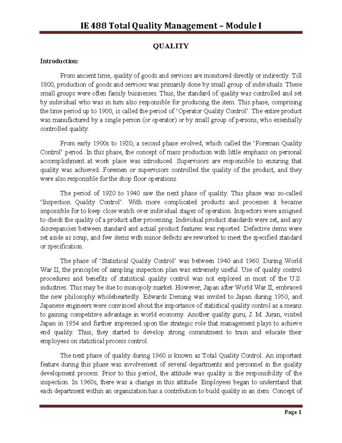 Total Quality Management - Module 1 - From ancient time, quality of ...