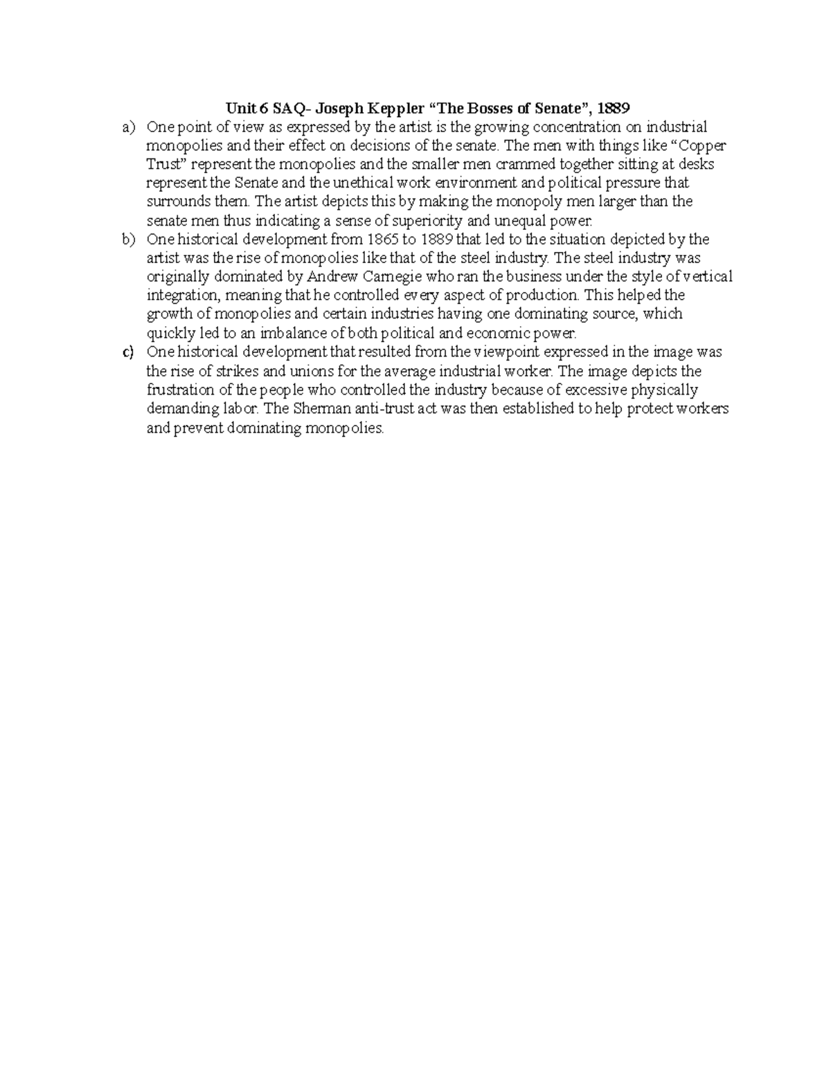 Unit 6 SAQ (Guilded Age) - Unit 6 SAQ- Joseph Keppler “The Bosses of ...