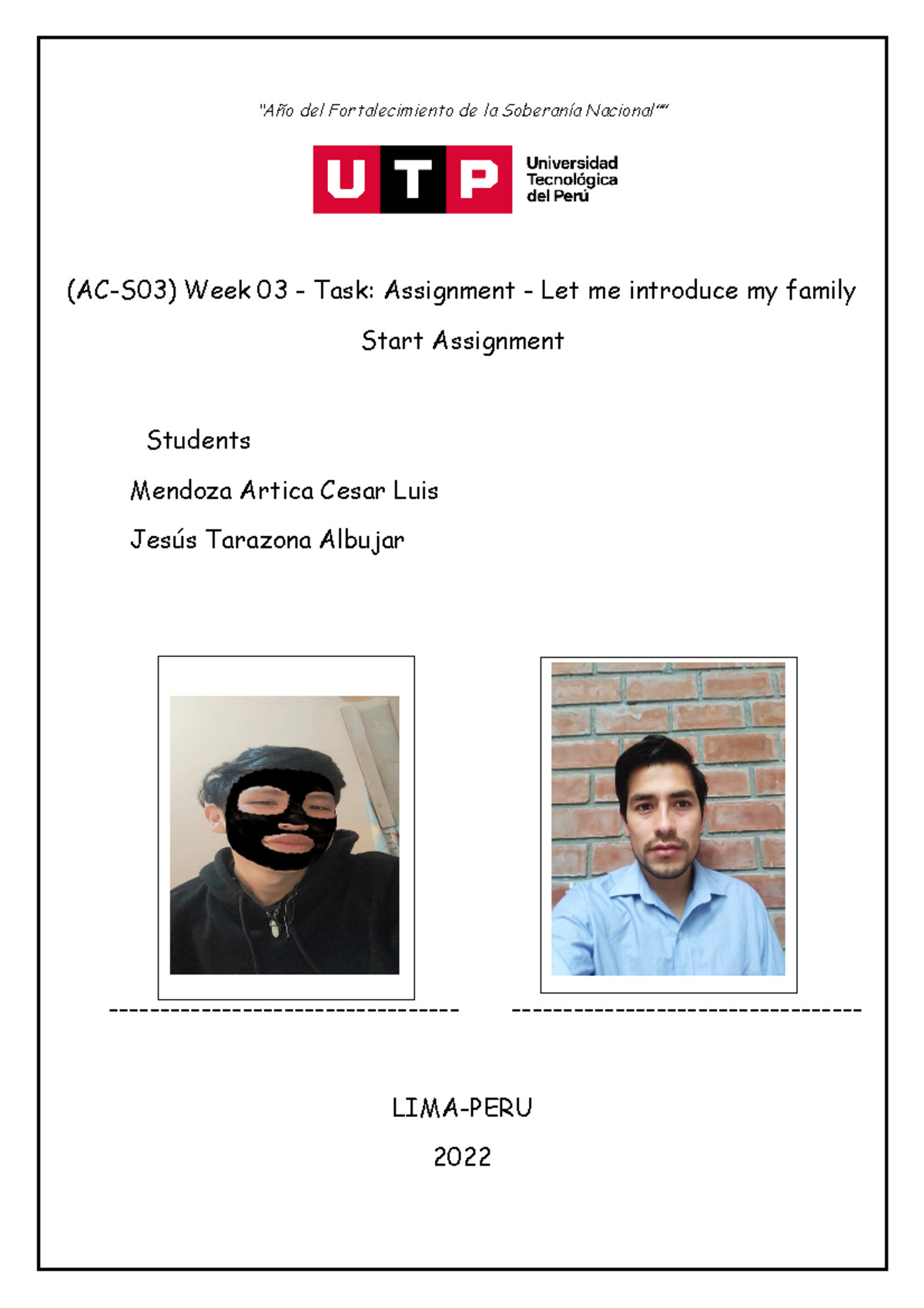 Caratula UTP - “Año del Fortalecimiento de la Soberanía Nacional”” (AC ...