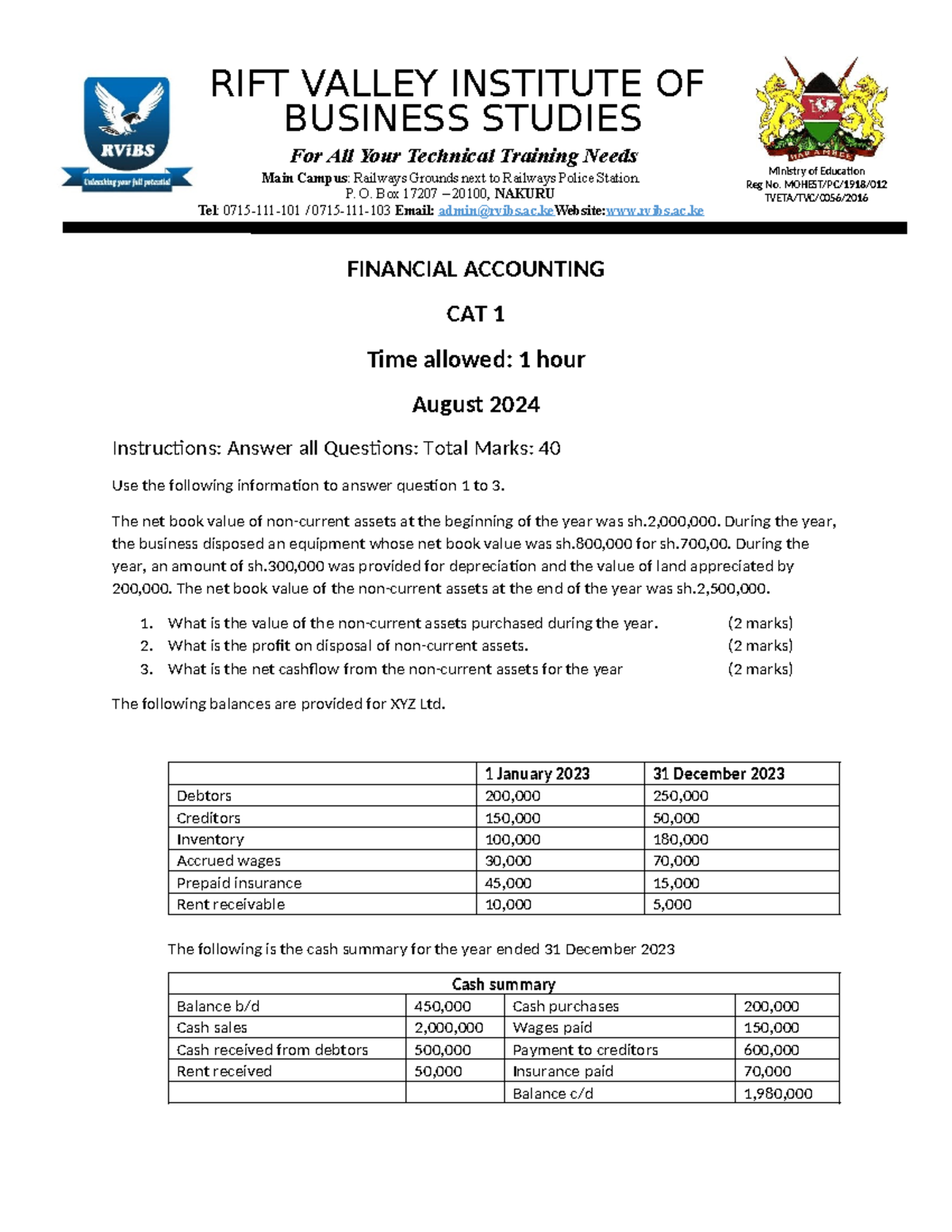 FA2 CAT 1 July 2024 - Revision questions for financial accounting ...