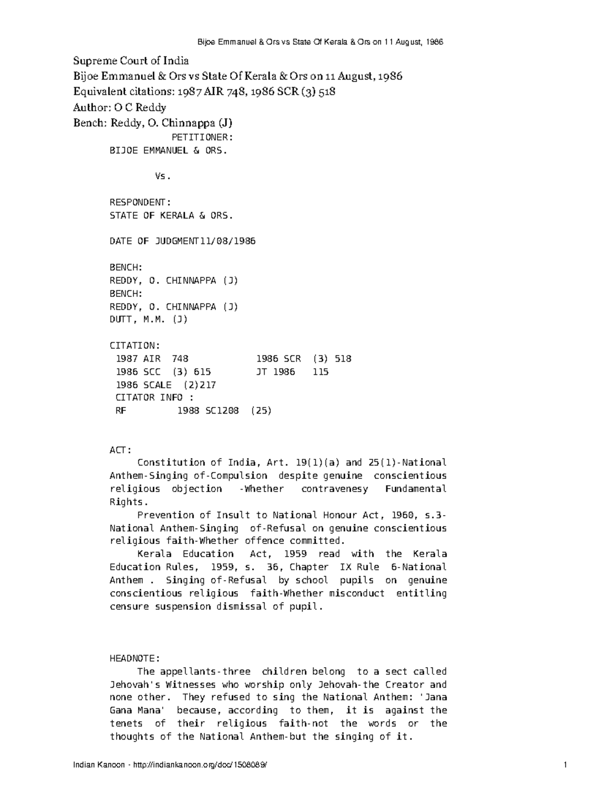 Bijoe Emmanuel Ors vs State Of Kerala Ors on 11 August 1986 - Supreme ...