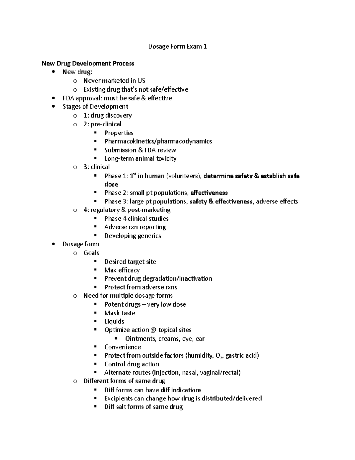 Dosage Form Exam 1 Notes - Dosage Form Exam 1 New Drug Development ...