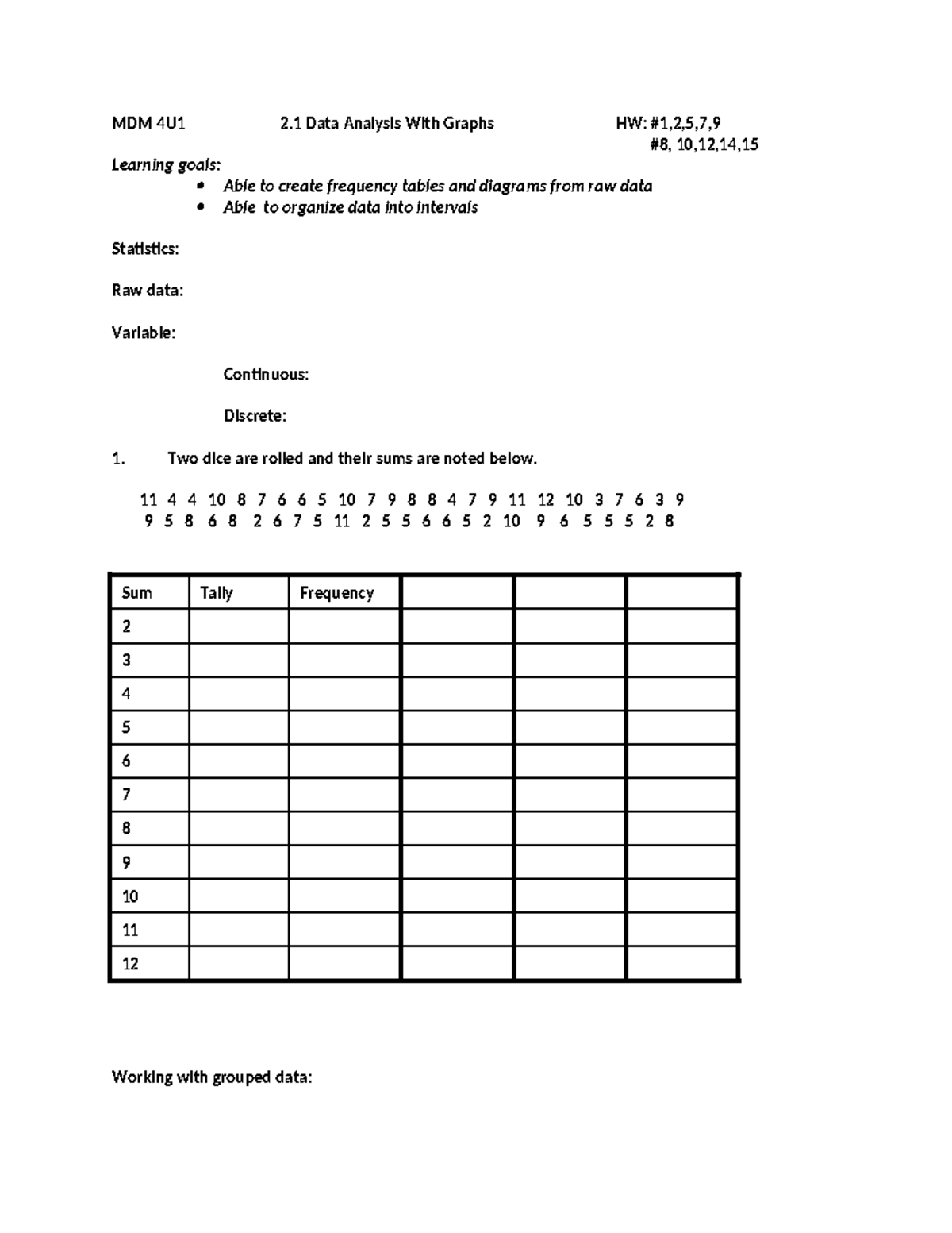 2.1 note - Extra practice - MDM 4U1 2 Data Analysis With Graphs HW: #1 ...