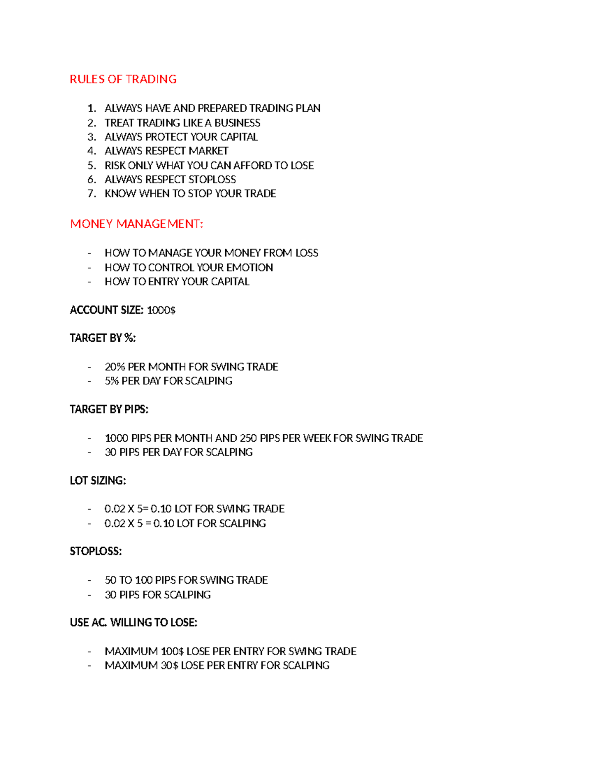 Trading Journal - RULES OF TRADING 1. ALWAYS HAVE AND PREPARED TRADING ...