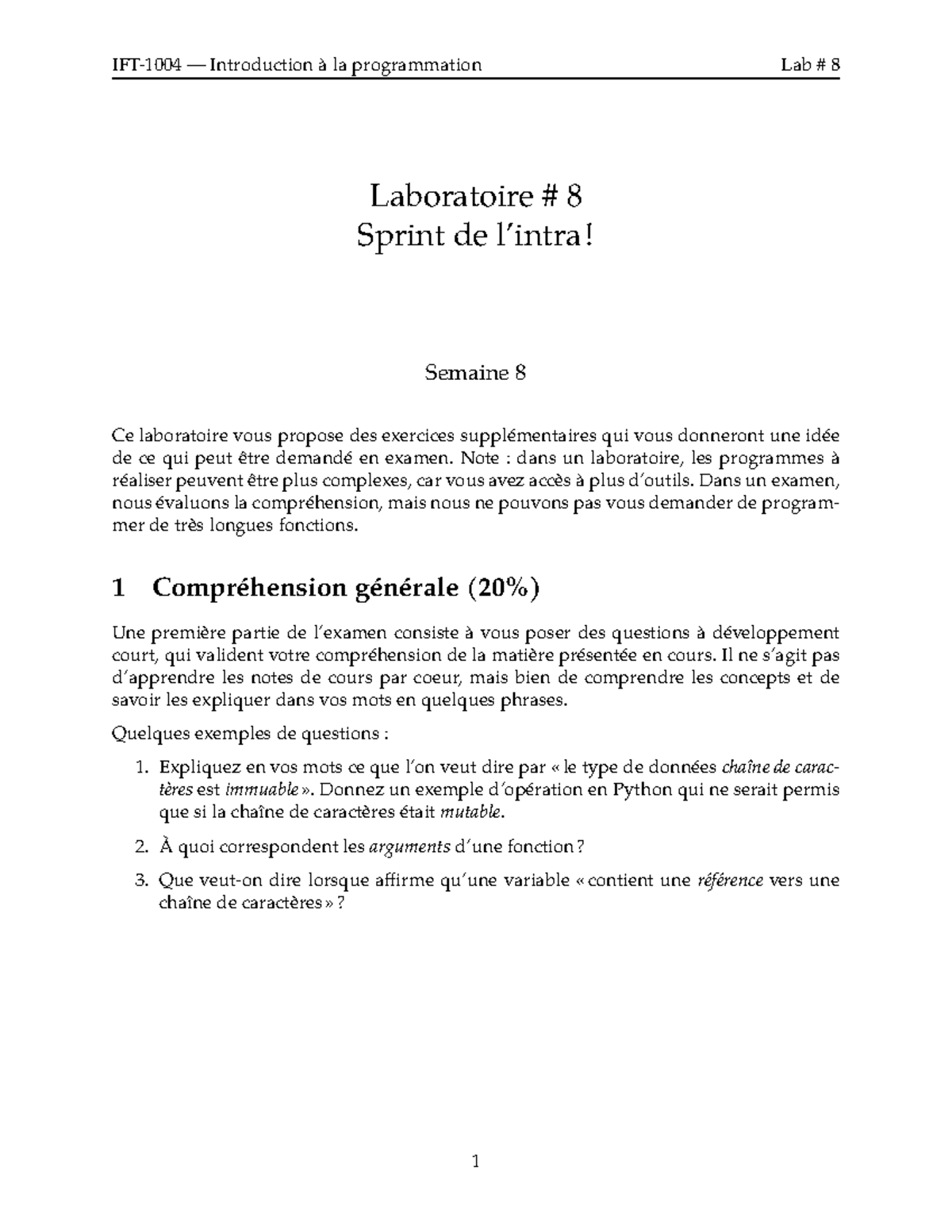 Laboratoire 8- IFT1004 - IFT-1004 — Introduction à la programmation Lab ...
