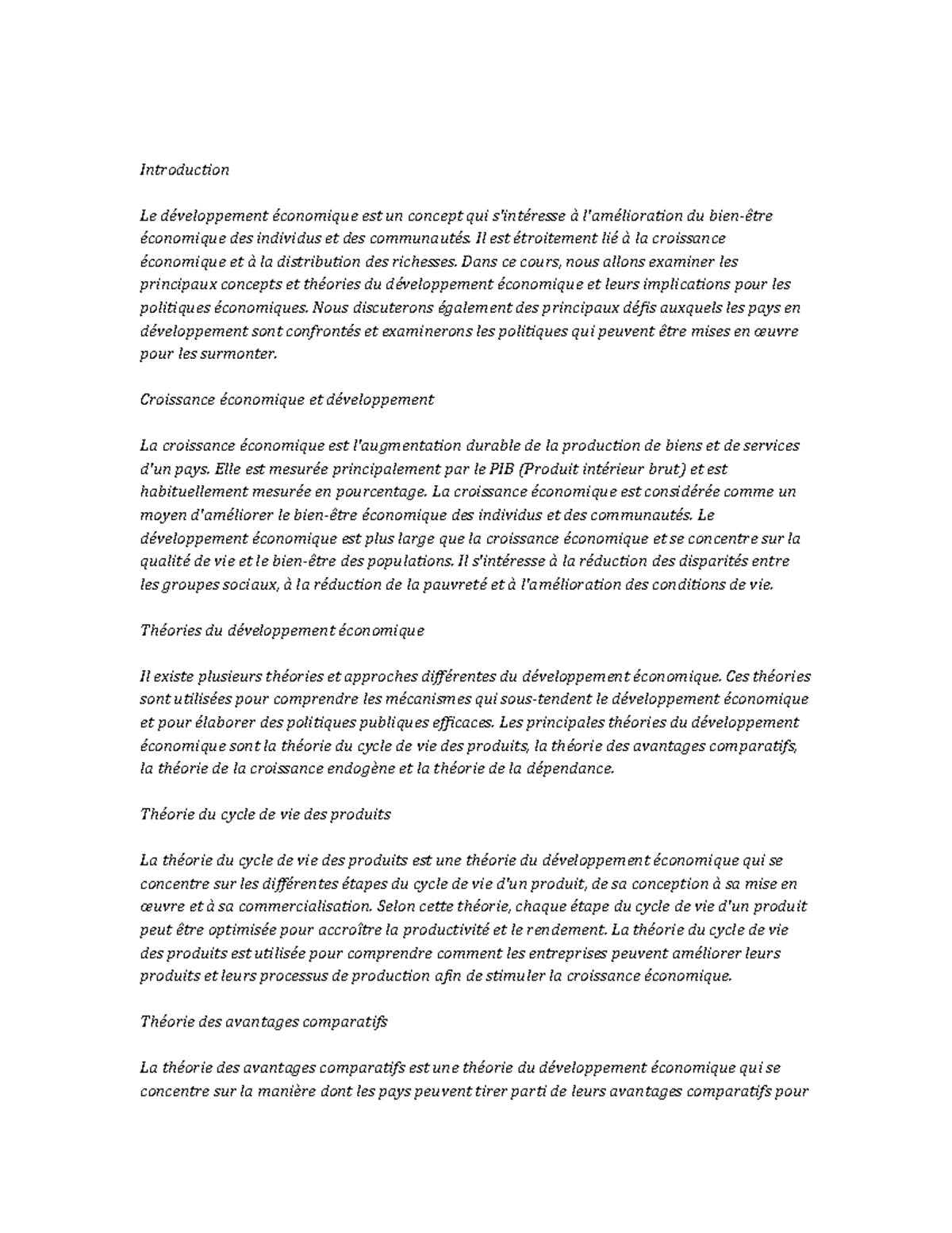 Economic Development Study Notes - Introduction Le développement ...