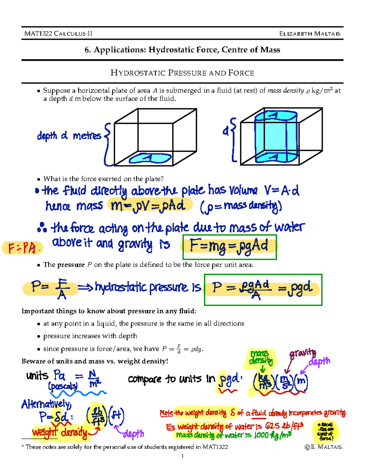 Notes 06 Hydrostatic Pressure -force Centroid - MAT1322 CALCULUSII ...