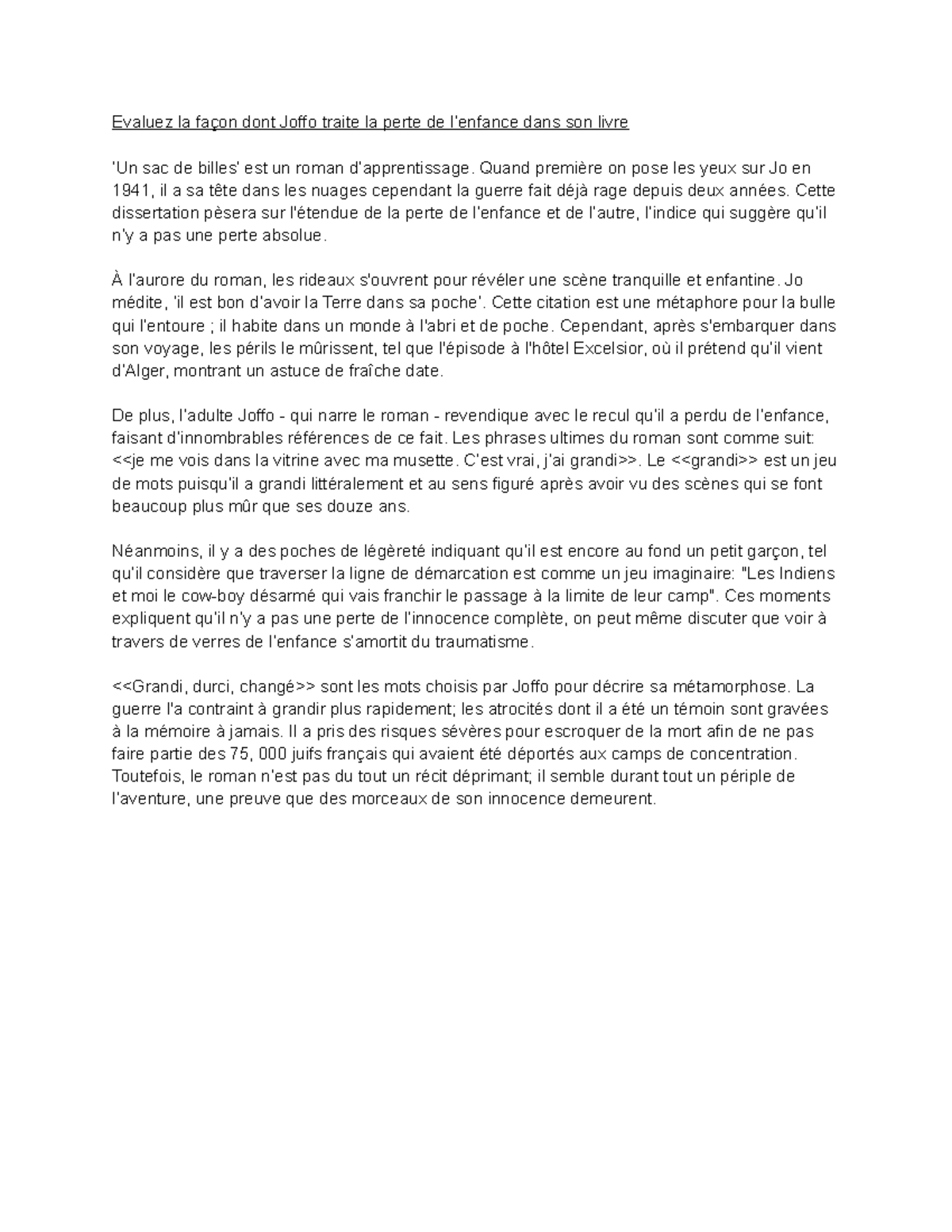 Un Sac de Billes A Level essay - Evaluez la façon dont Joffo traite la ...