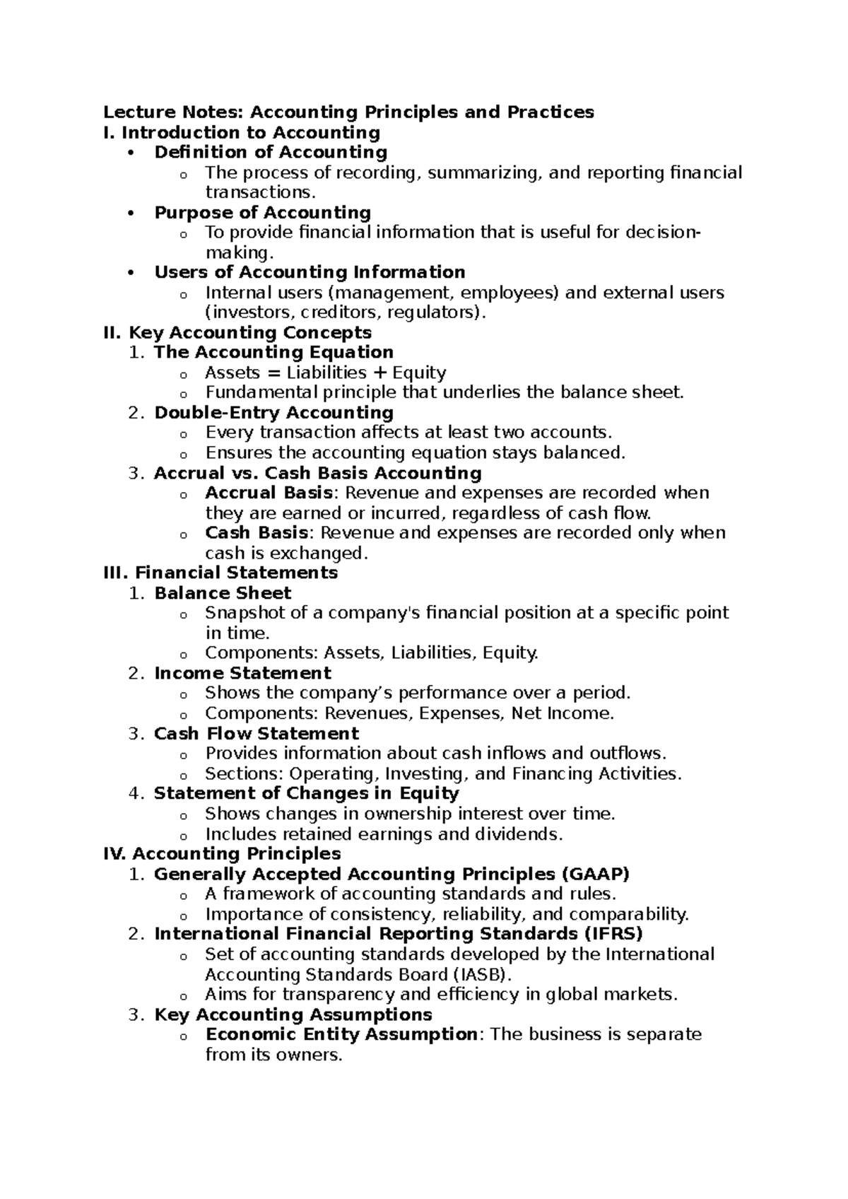 Lecture Notes For Accounting Lecture Notes Accounting Principles And Practices I