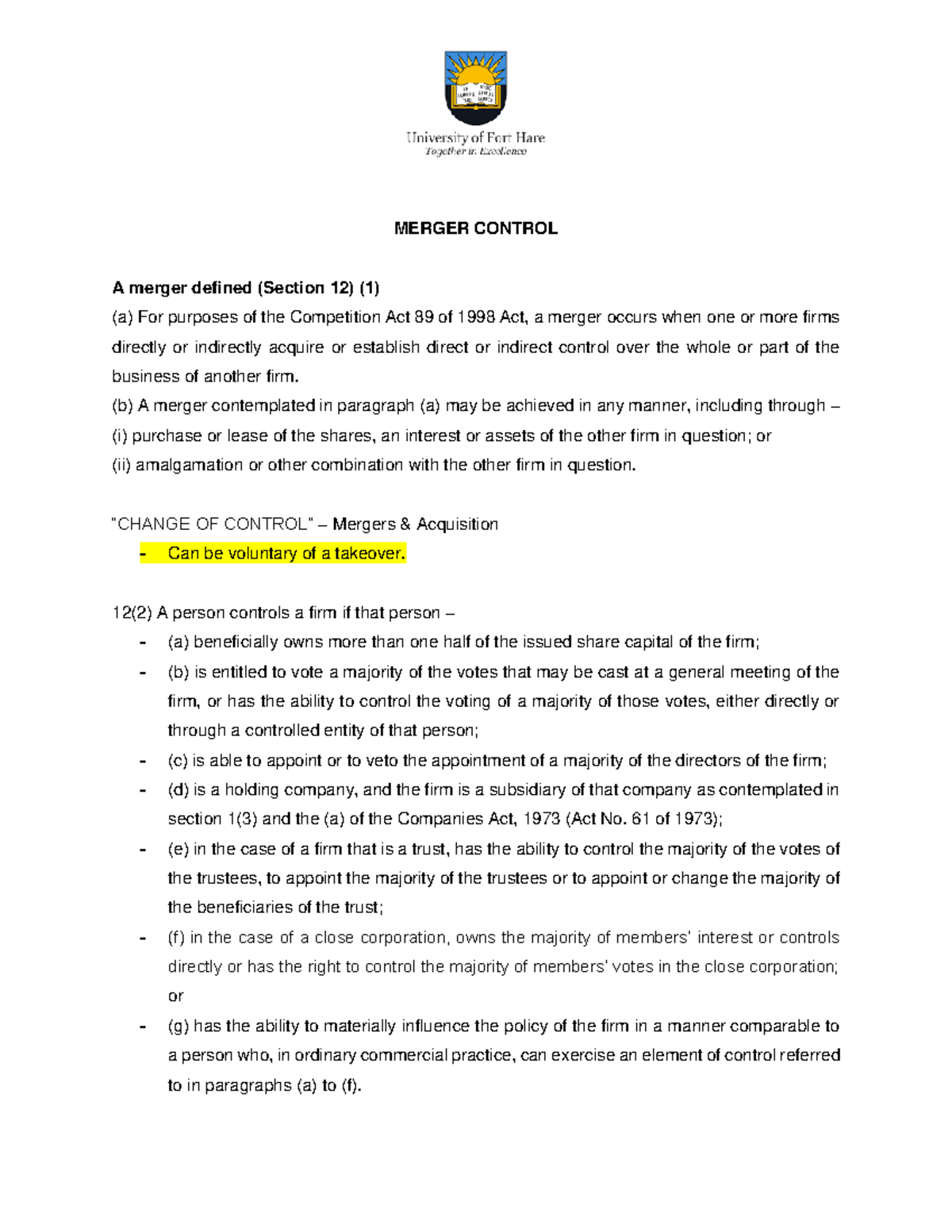 Mergers - unit 9 of competition act 2024 - MERGER CONTROL A merger ...