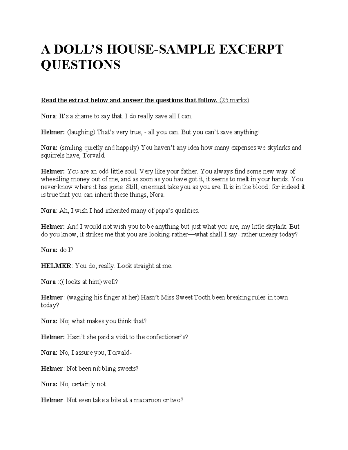 A DOLL’S House Excerpt Questions - A DOLL’S HOUSE-SAMPLE EXCERPT ...