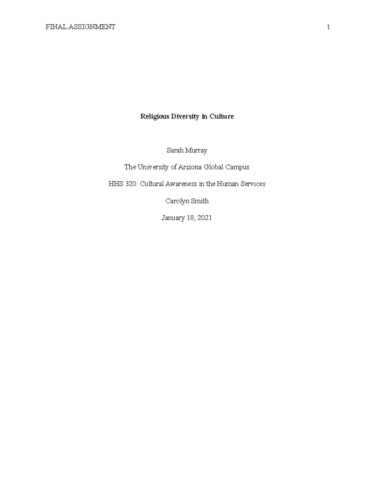 HHS320 Final Paper Sarah Murray - FINAL ASSIGNMENT 1 Religious ...