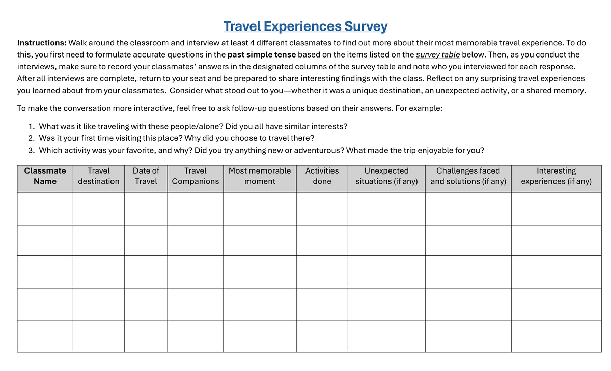 Travel Experiences Survey - Travel Experiences Survey Instructions ...