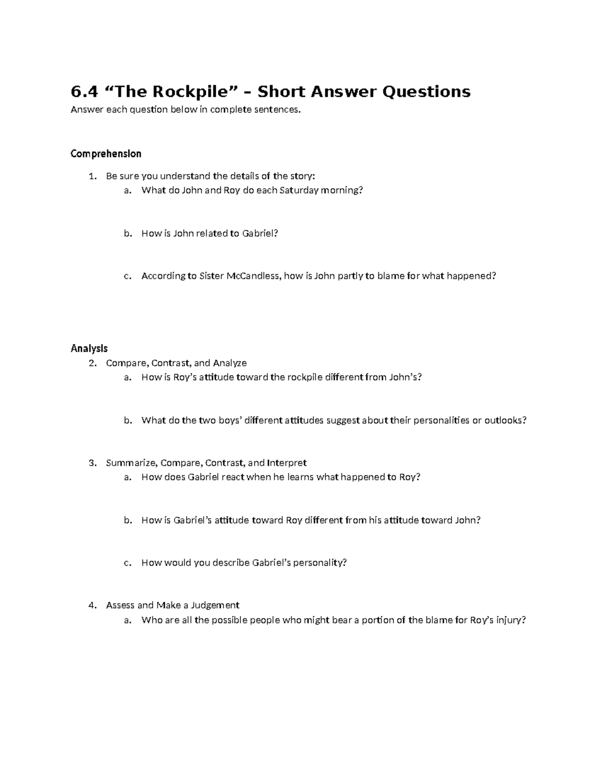 6.4 The Rockpile - Short Answer Questions - 6 “The Rockpile” – Short ...