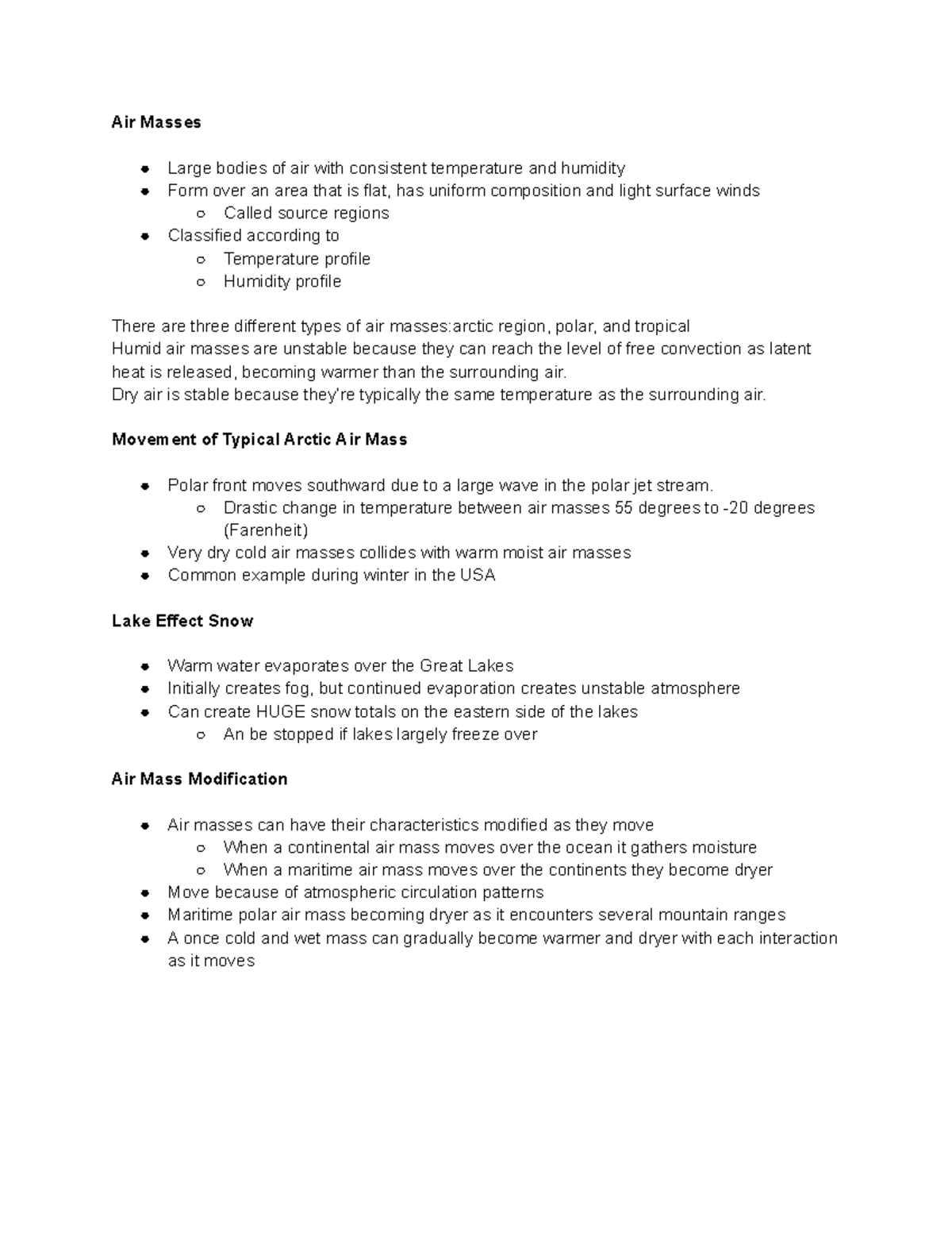 Unit 5 Lecture Notes - Air Masses Large bodies of air with consistent ...