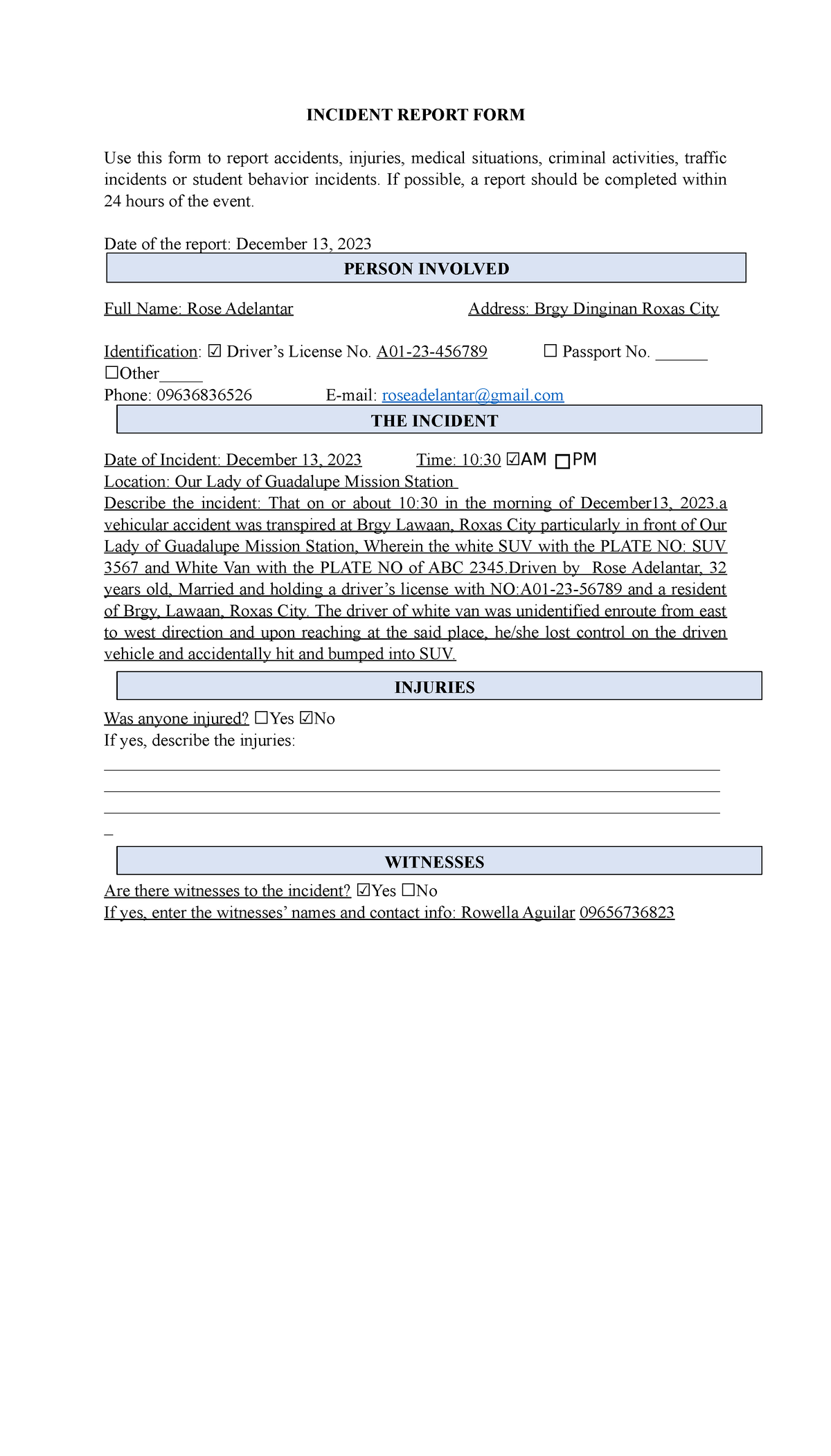 Investigation report 2-A - INCIDENT REPORT FORM Use this form to report ...