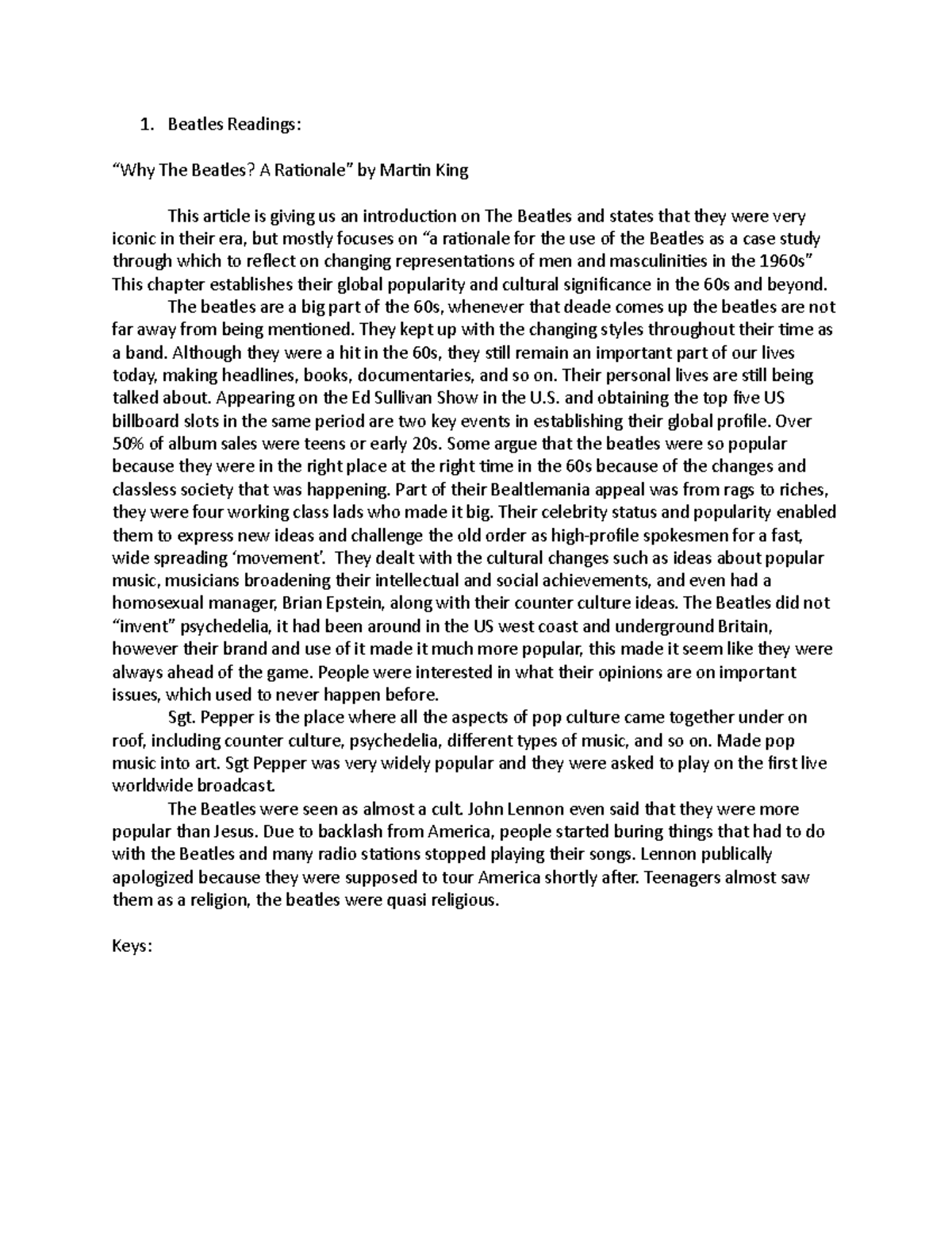 Beatles Readings Study Guide - 1. Beatles Readings: “Why The Beatles? A ...