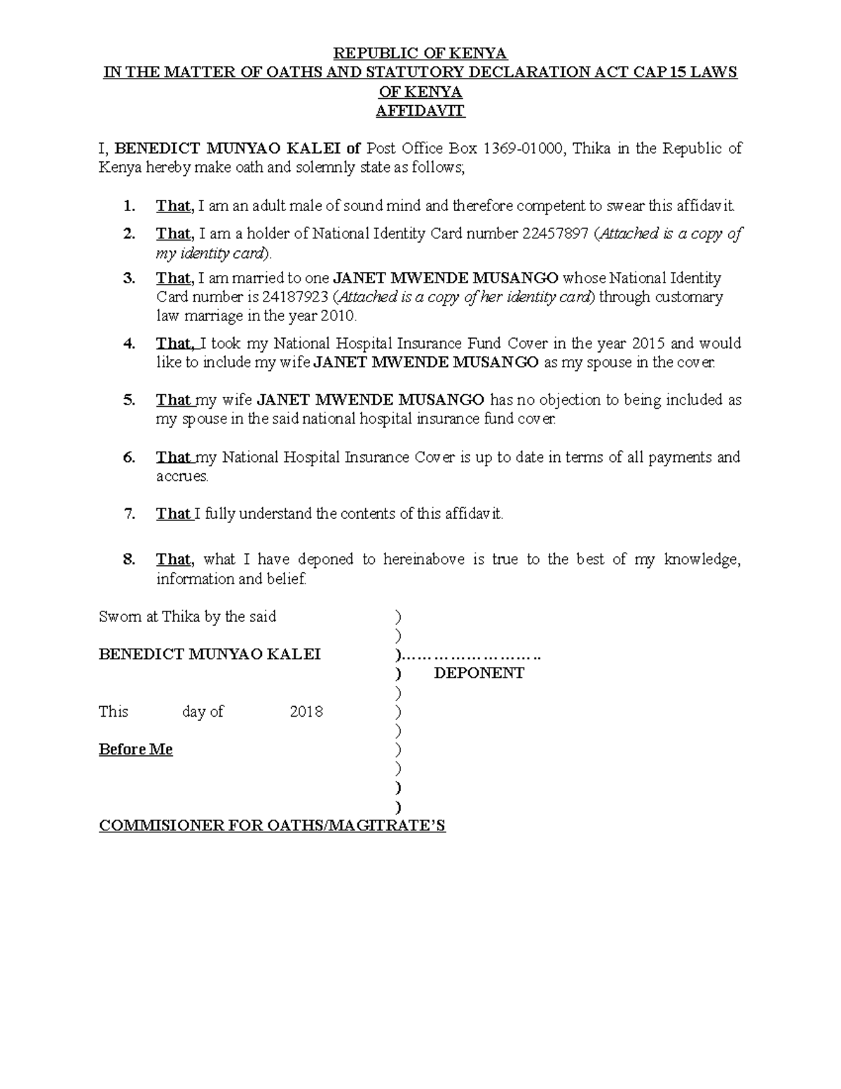 Affidavit for nhif - Sworn to add spouse to NHIF cover - REPUBLIC OF ...