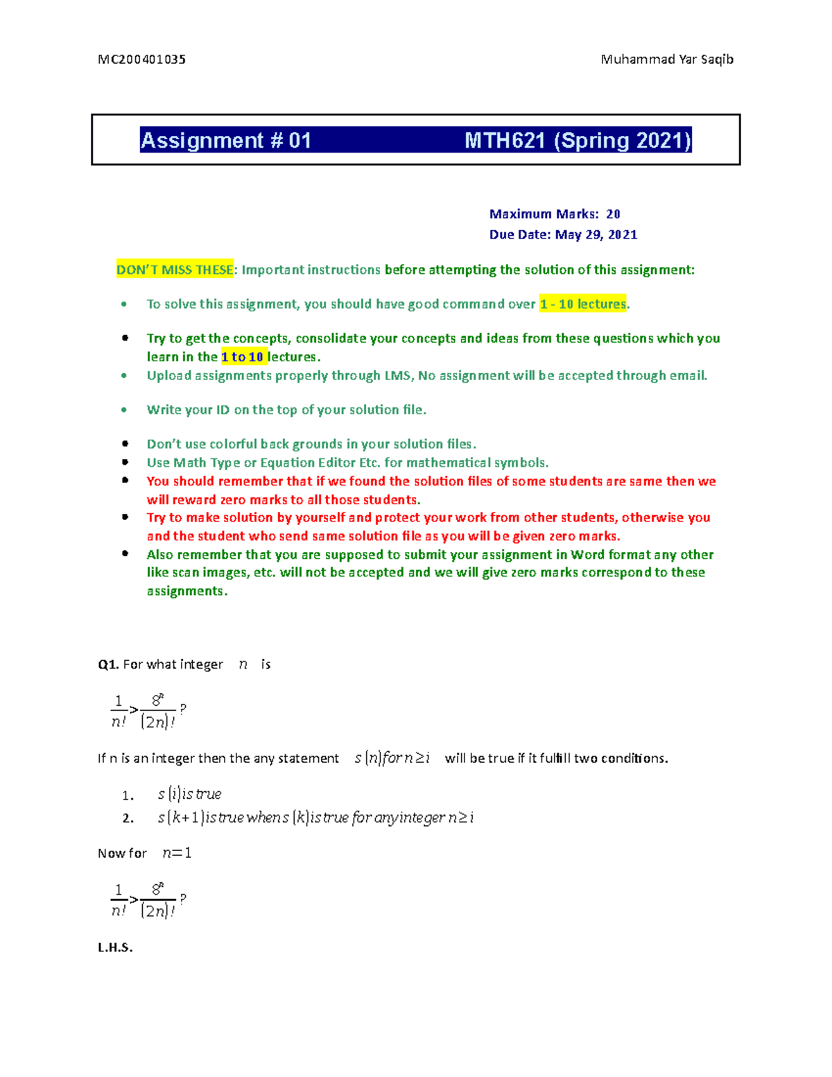 MTH621 Assignment 1 Solved Assignment 2021 - MC200401035 Muhammad Yar Saqib Assignment # 01 ...