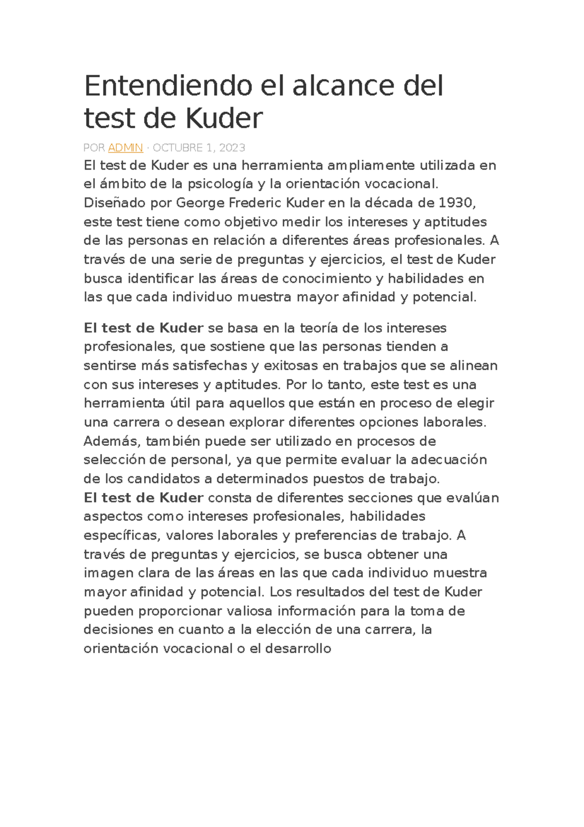 Tema de exposicion kuder - Entendiendo el alcance del test de Kuder POR ...