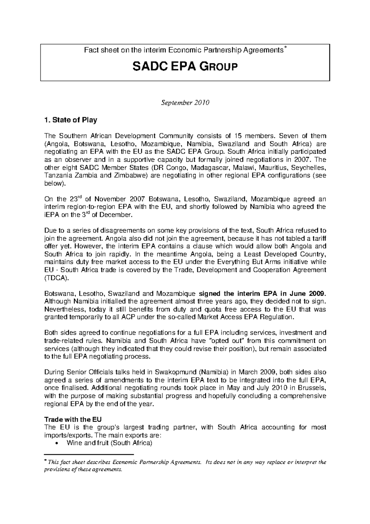 EPA Interim Agreement SADC EPA Group Sept 2010 - Fact sheet on the ...