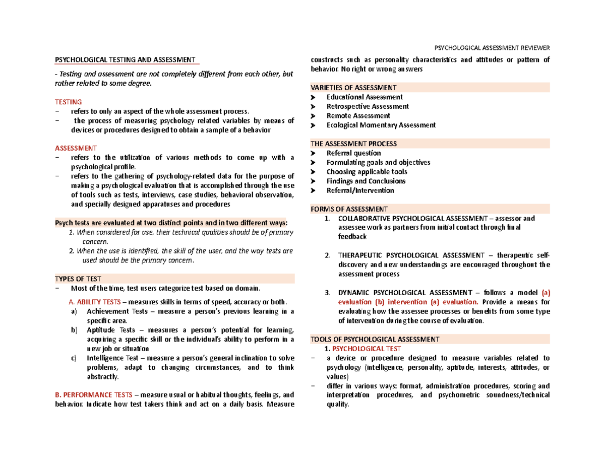 Psychological Assessment Reviewer - PSYCHOLOGICAL TESTING AND ...