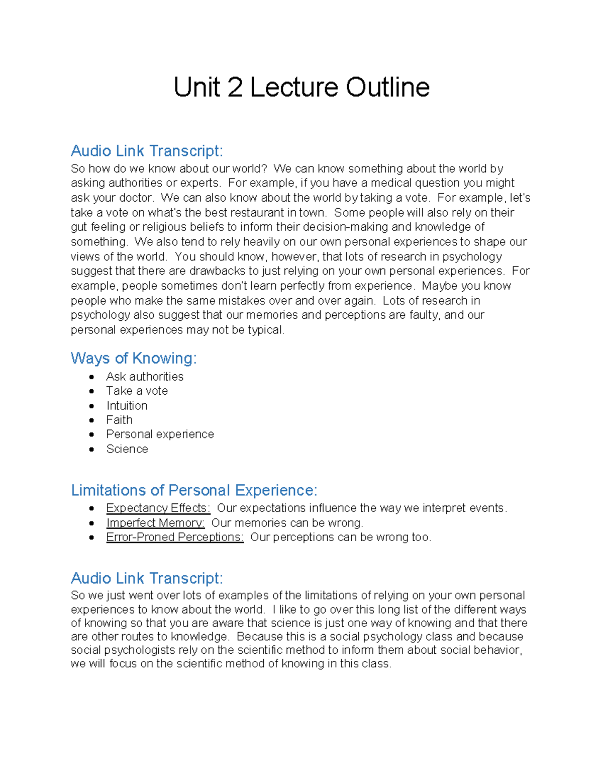 Scientific Method lecture outline - Unit 2 Lecture Outline Audio Link ...