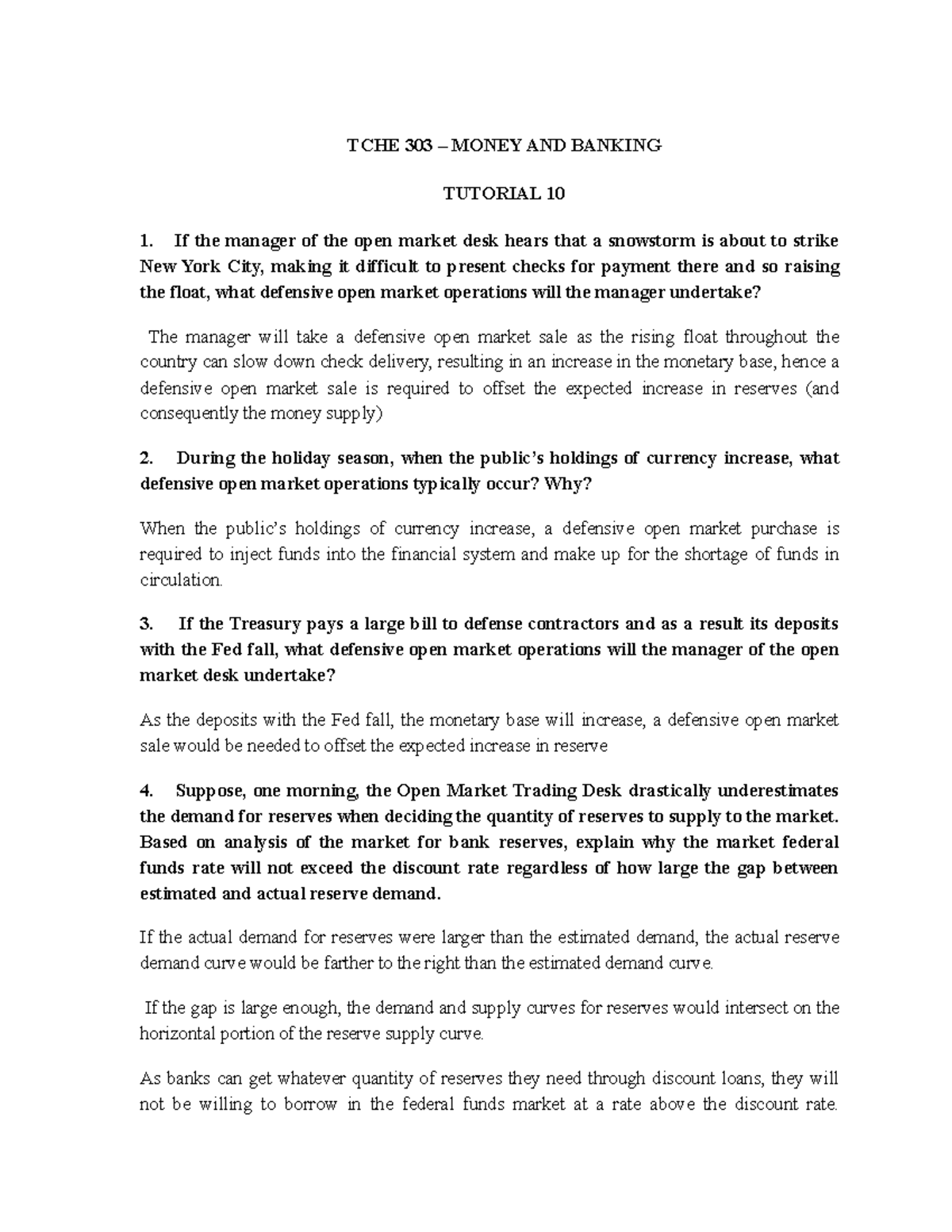 Tutorial-10 - it is hard but essential - TCHE 303 – MONEY AND BANKING ...