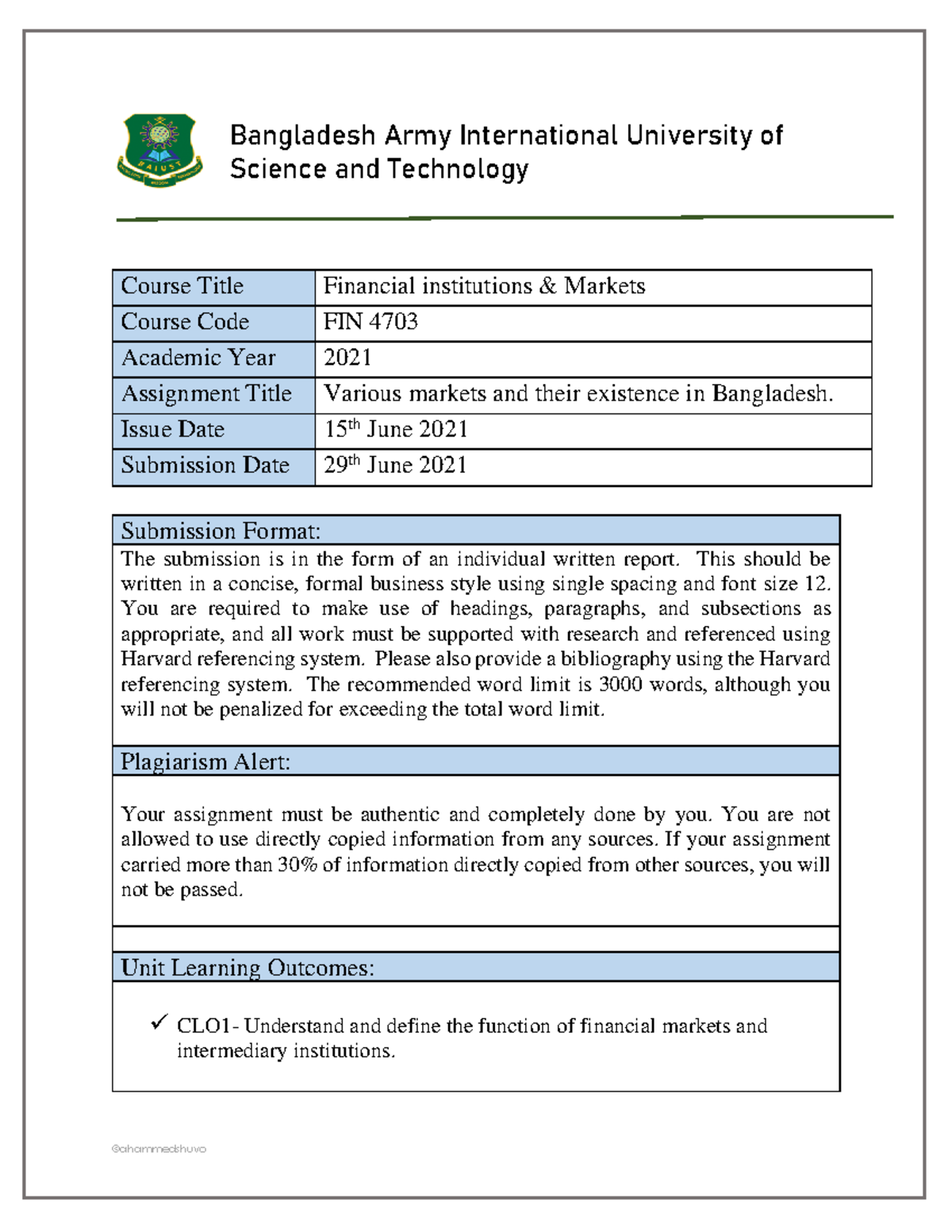 Assignment 01 FIM - ©ahammedshuvo Submission Format: The submission is in the form of an ...