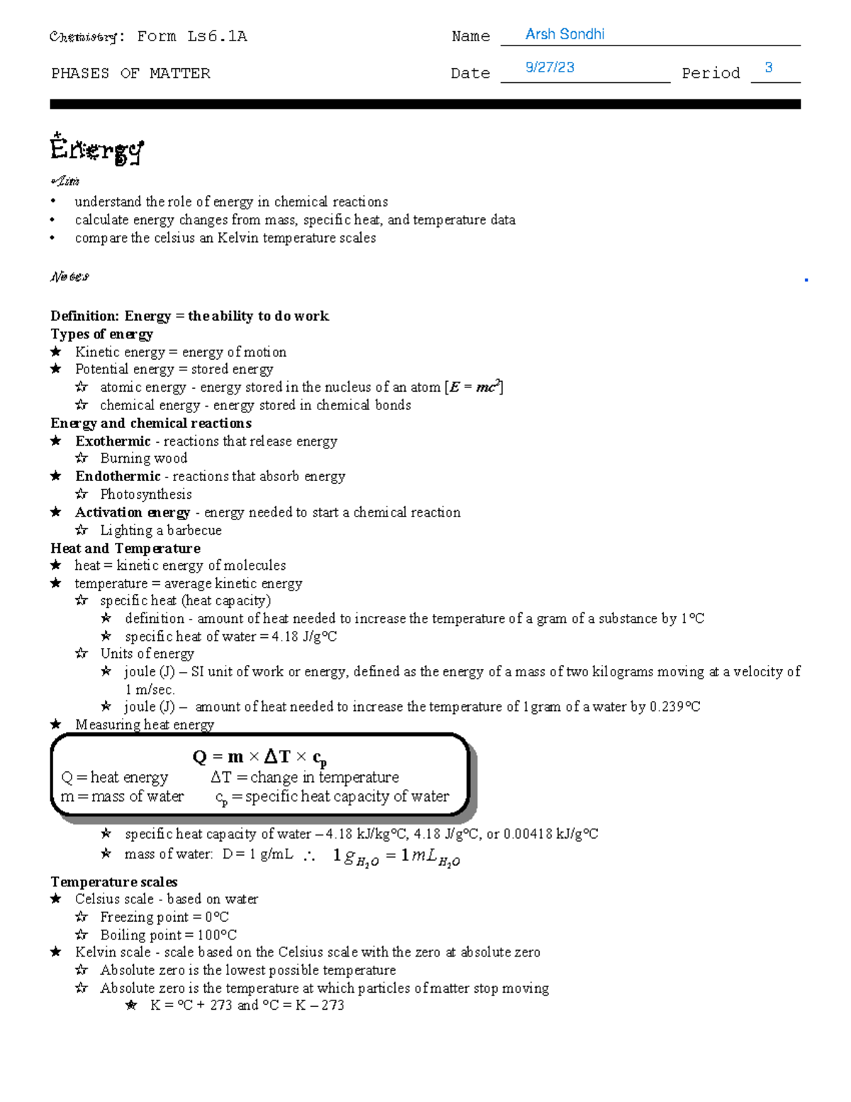 Ls6-1a Energy completed - Chemistry: Form Ls6 Name ...