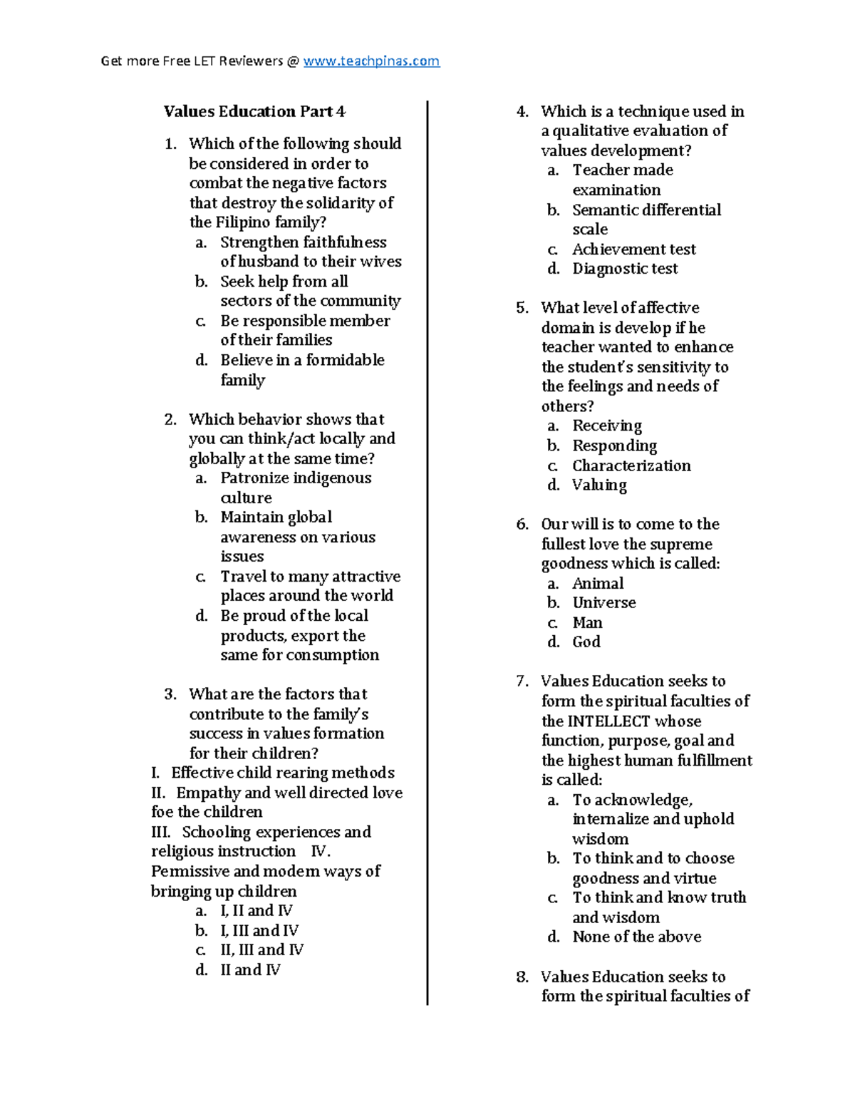 Part 4 Values Education www - Values Education Part 4 Which of the ...