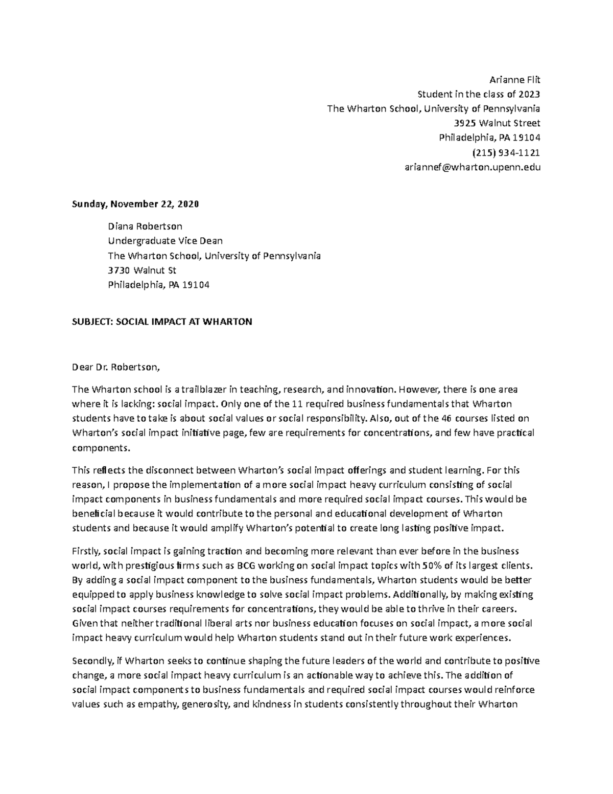 Business letter - Arianne Flit Student in the class of 2023 The Wharton ...