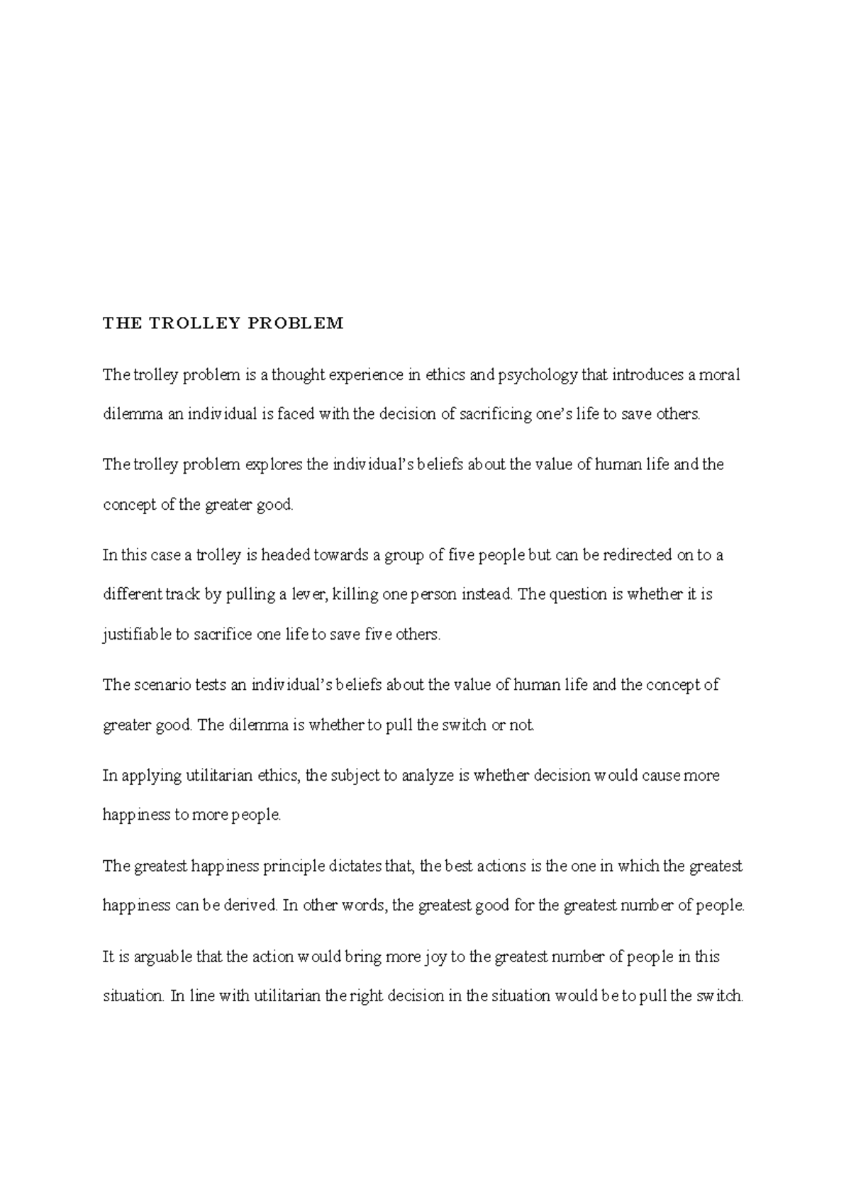 COMPUTER SCIENCE - THE TROLLEY PROBLEM The trolley problem is a thought ...