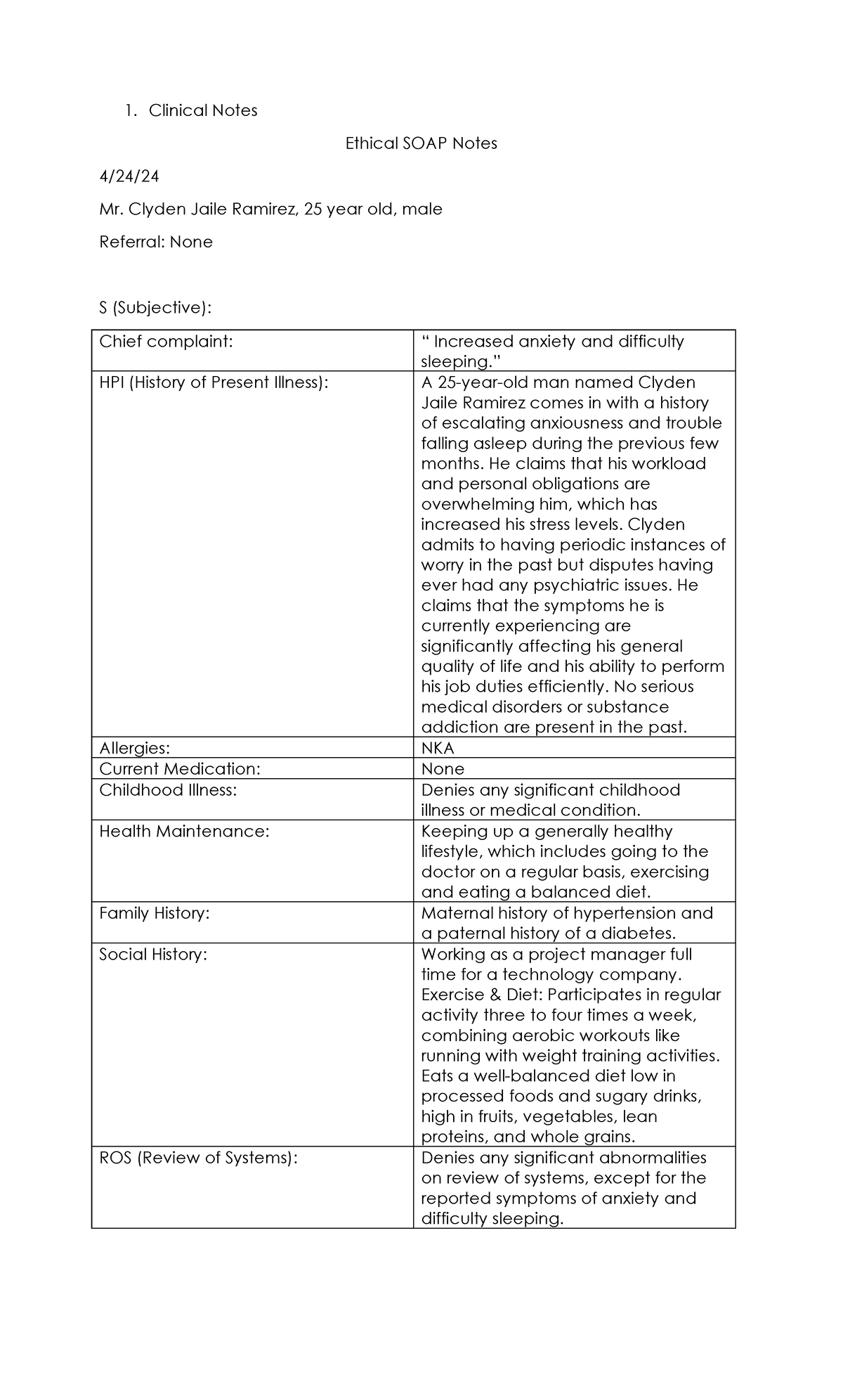 Clinical-Notes - Clinical Notes Ethical SOAP Notes 4/24/ Mr. Clyden ...