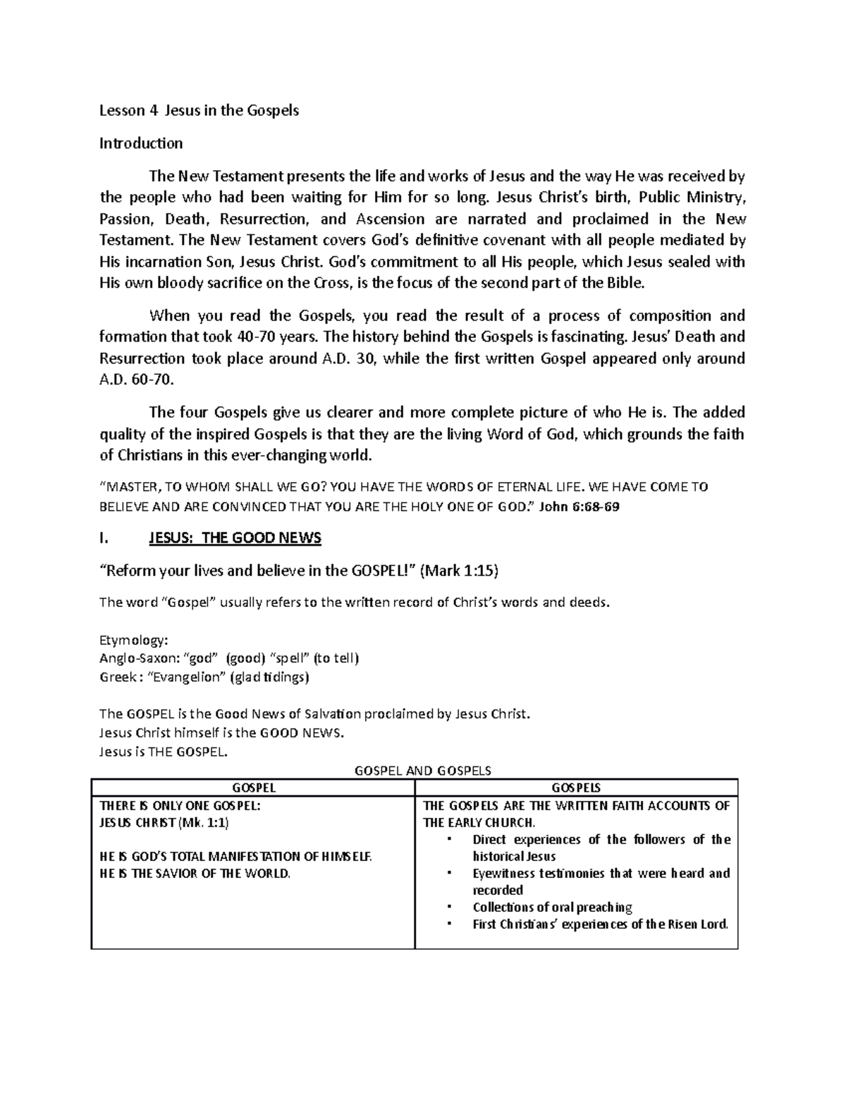 Lesson 4 Jesus in the Gospels - Lesson 4 Jesus in the Gospels ...