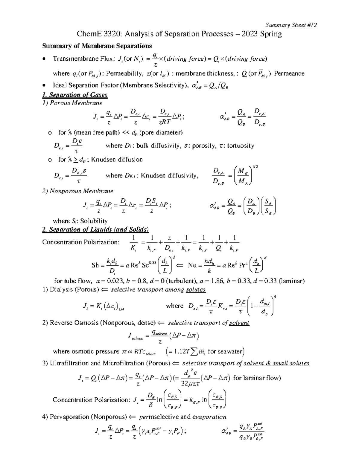 Chem E 3320 Summary 12 - Membrane - Summary Sheet ChemE 3320: Analysis ...