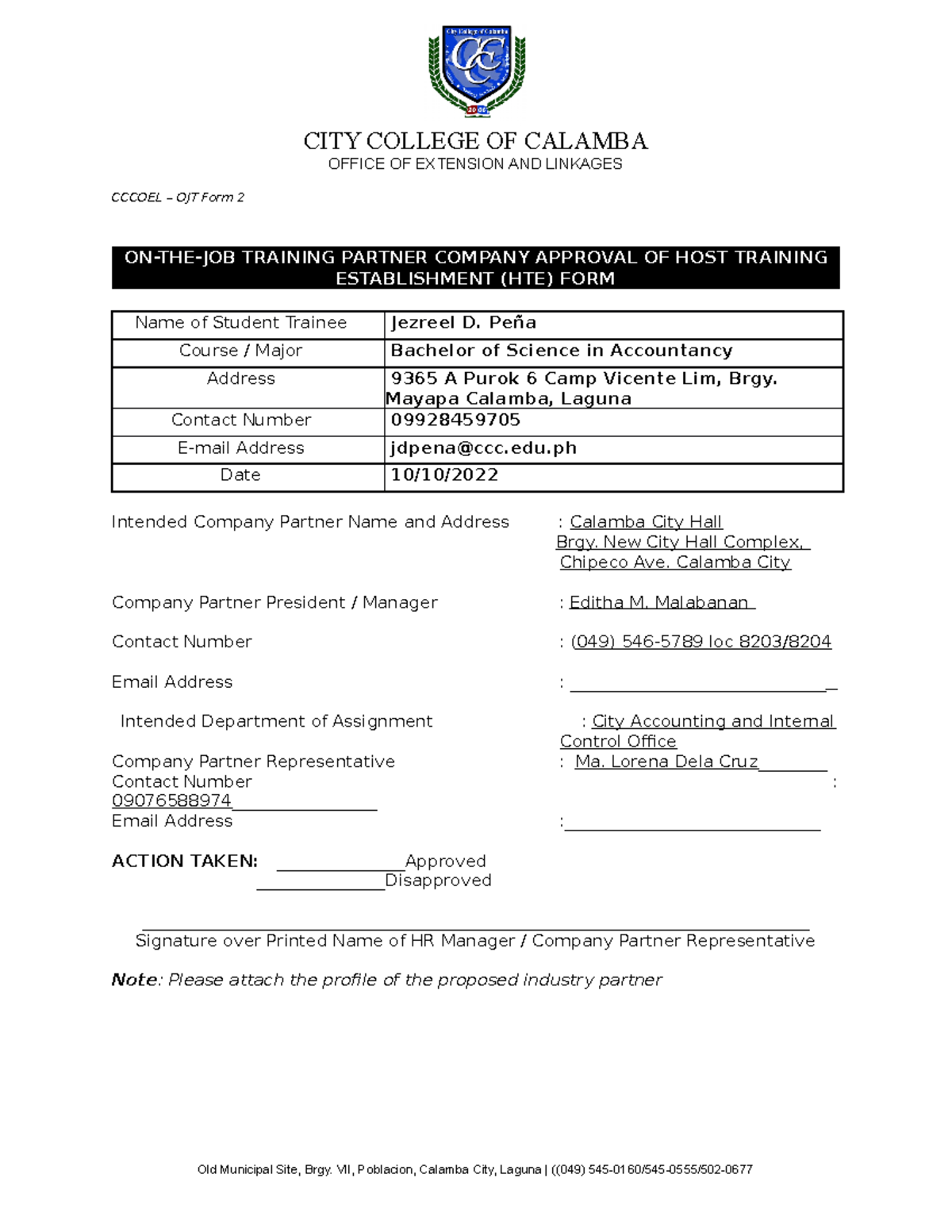 Form 2 jez - asd - CITY COLLEGE OF CALAMBA OFFICE OF EXTENSION AND ...